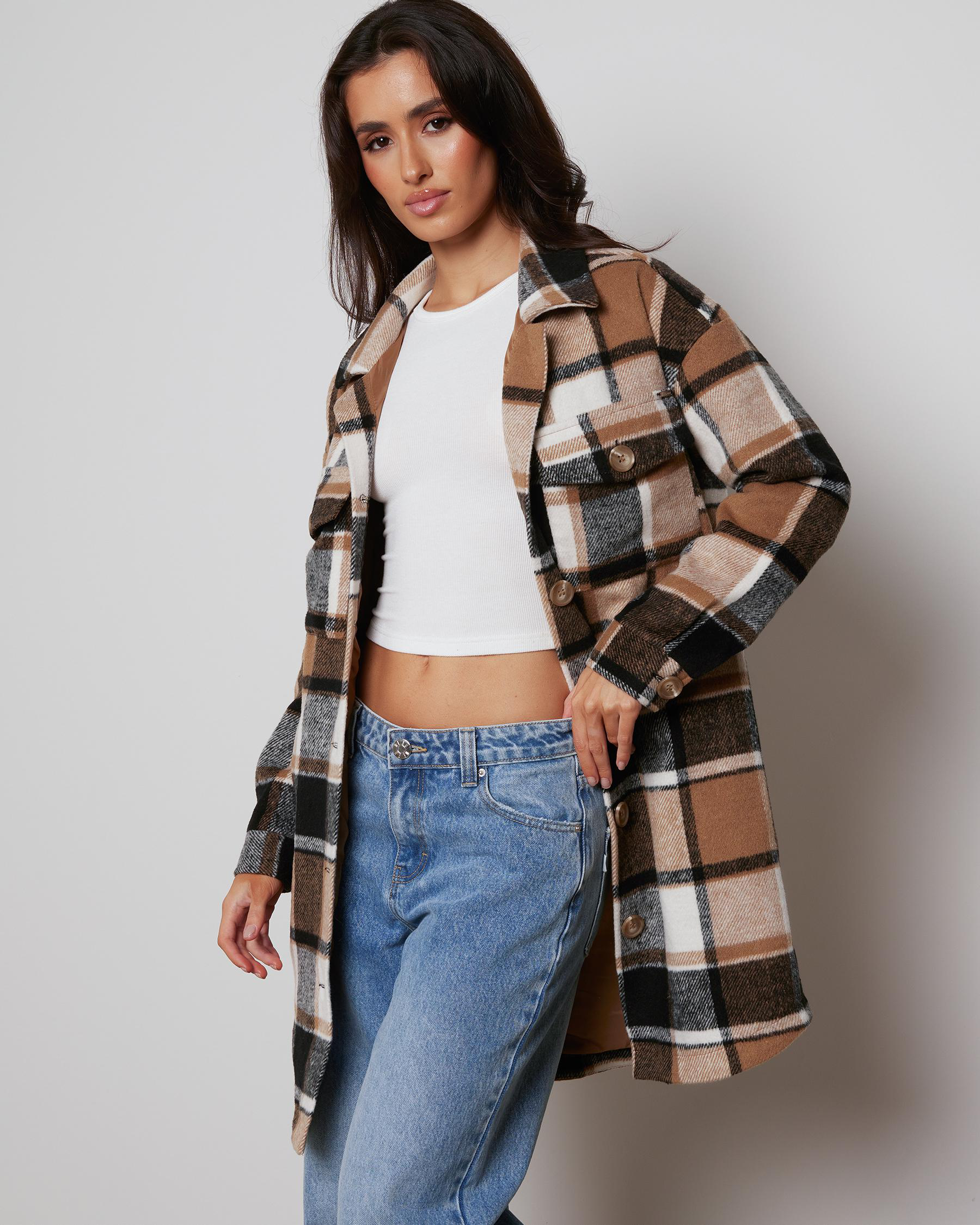 Shop Ava And Ever Roxie Long Shacket In Cream/blk-tan - Fast Shipping ...