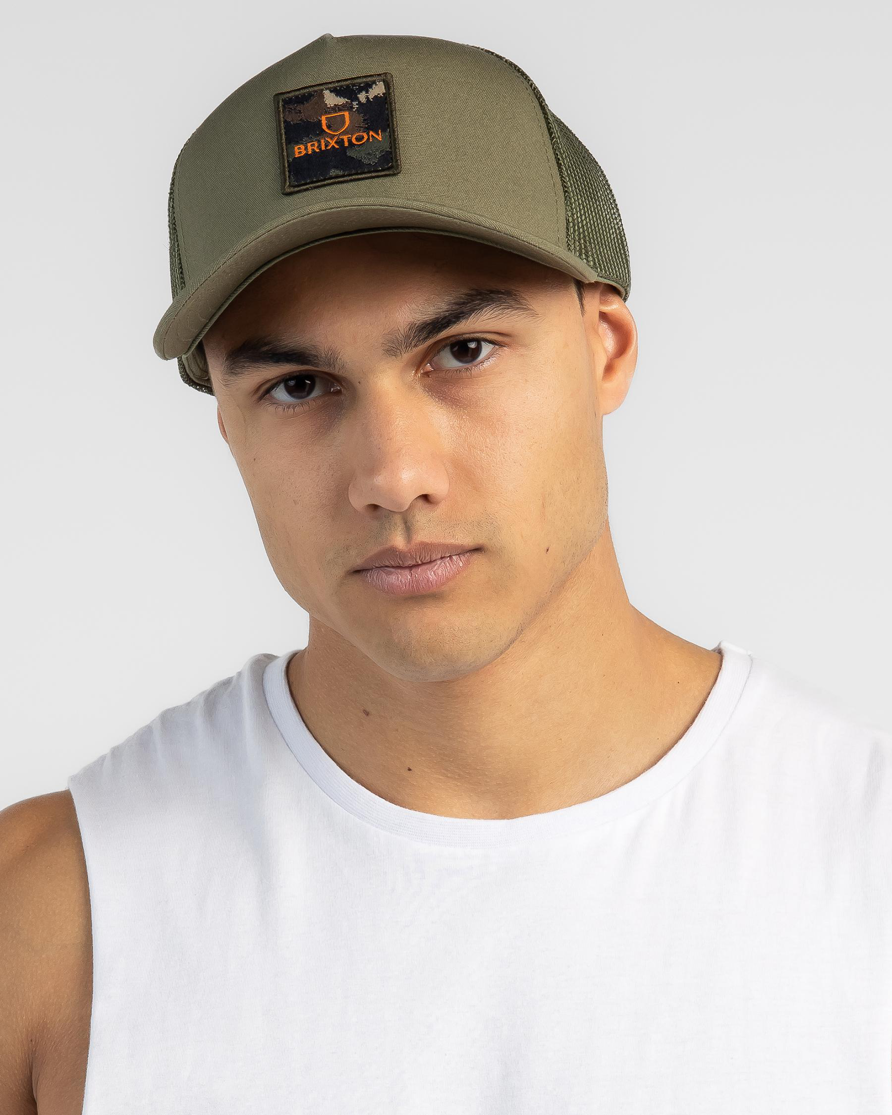 Shop Brixton Alpha Block X C MP Mesh Cap In Military Olive - Fast ...