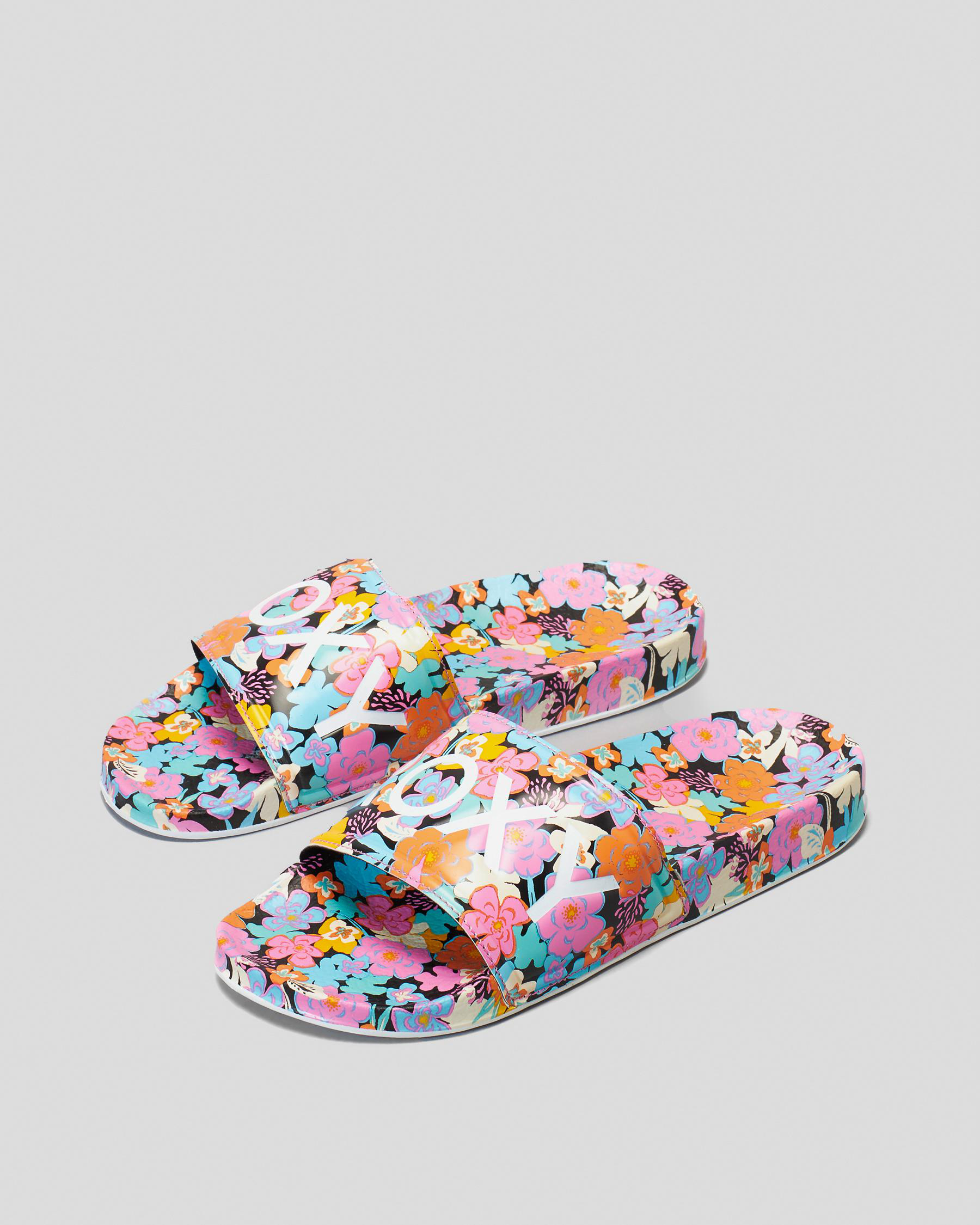 Shop Roxy Girls' Slippy Printed Slide Sandals In Black Multi - Fast ...