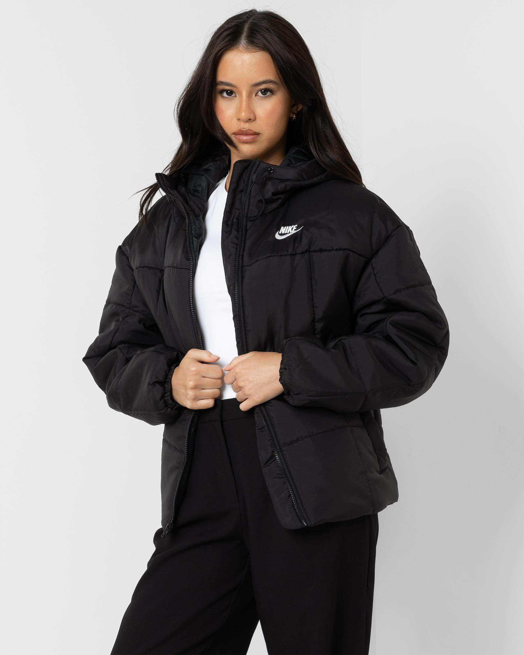 Shop Nike Essential Classic Hooded Puffer Jacket In Black/white - Fast ...