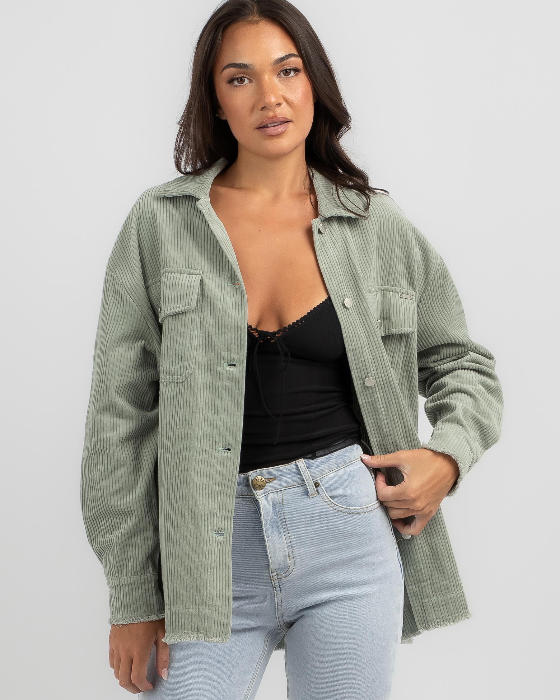 Shop Mooloola Taylor Cord Shacket In Sage - Fast Shipping & Easy ...