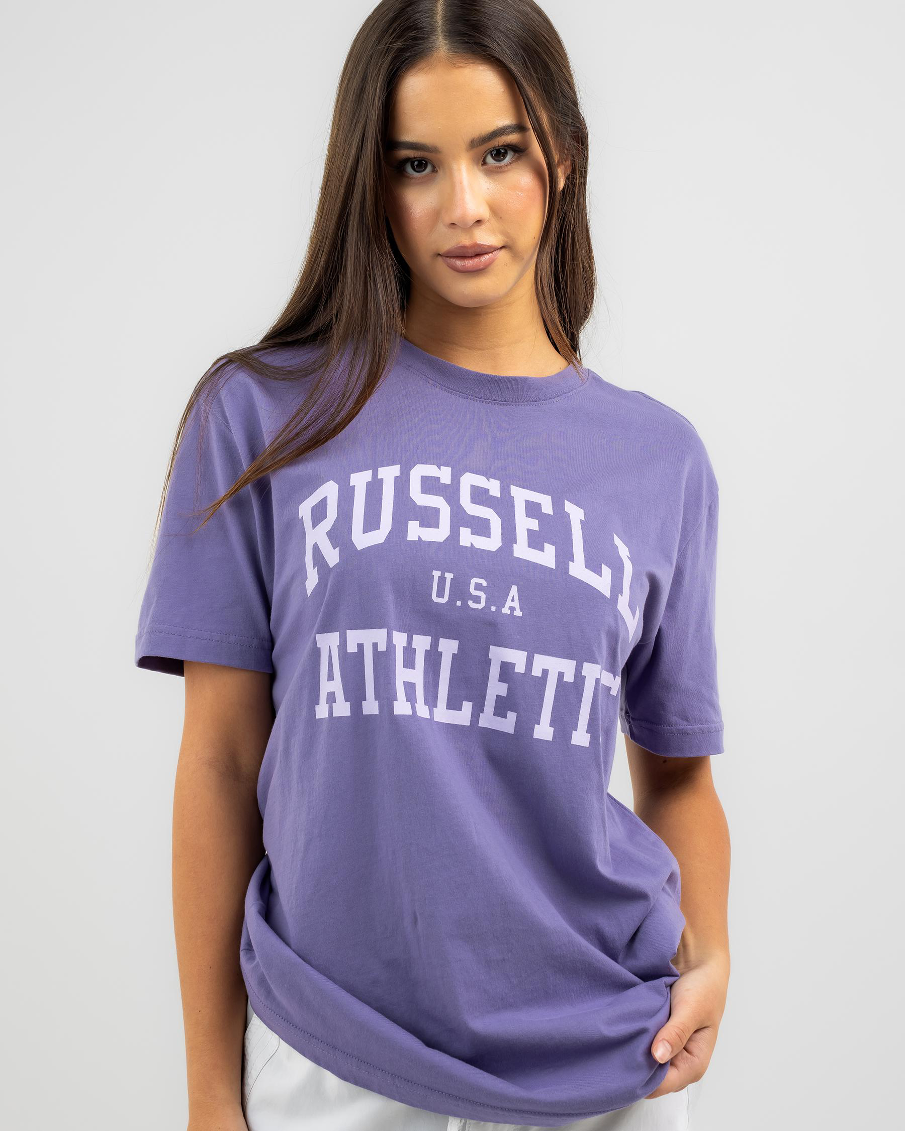 Shop Russell Athletic Arch Logo T-Shirt In Day Break - Fast Shipping ...