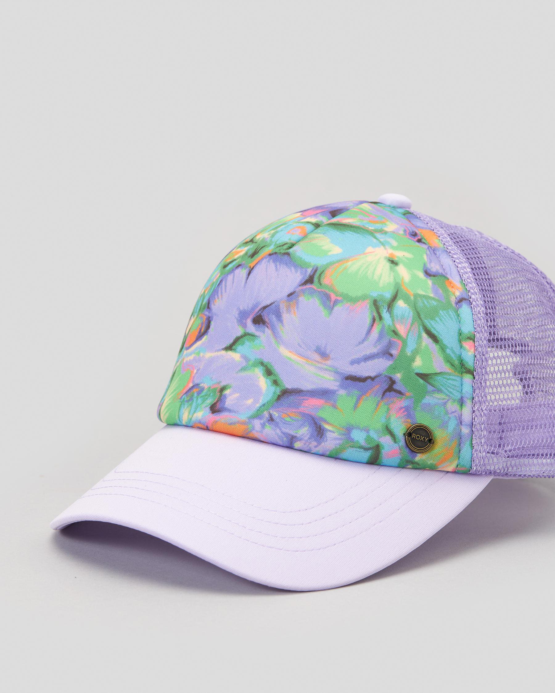Shop Roxy Beautiful Morning Trucker Cap In Purple Rose Blumen - Fast ...