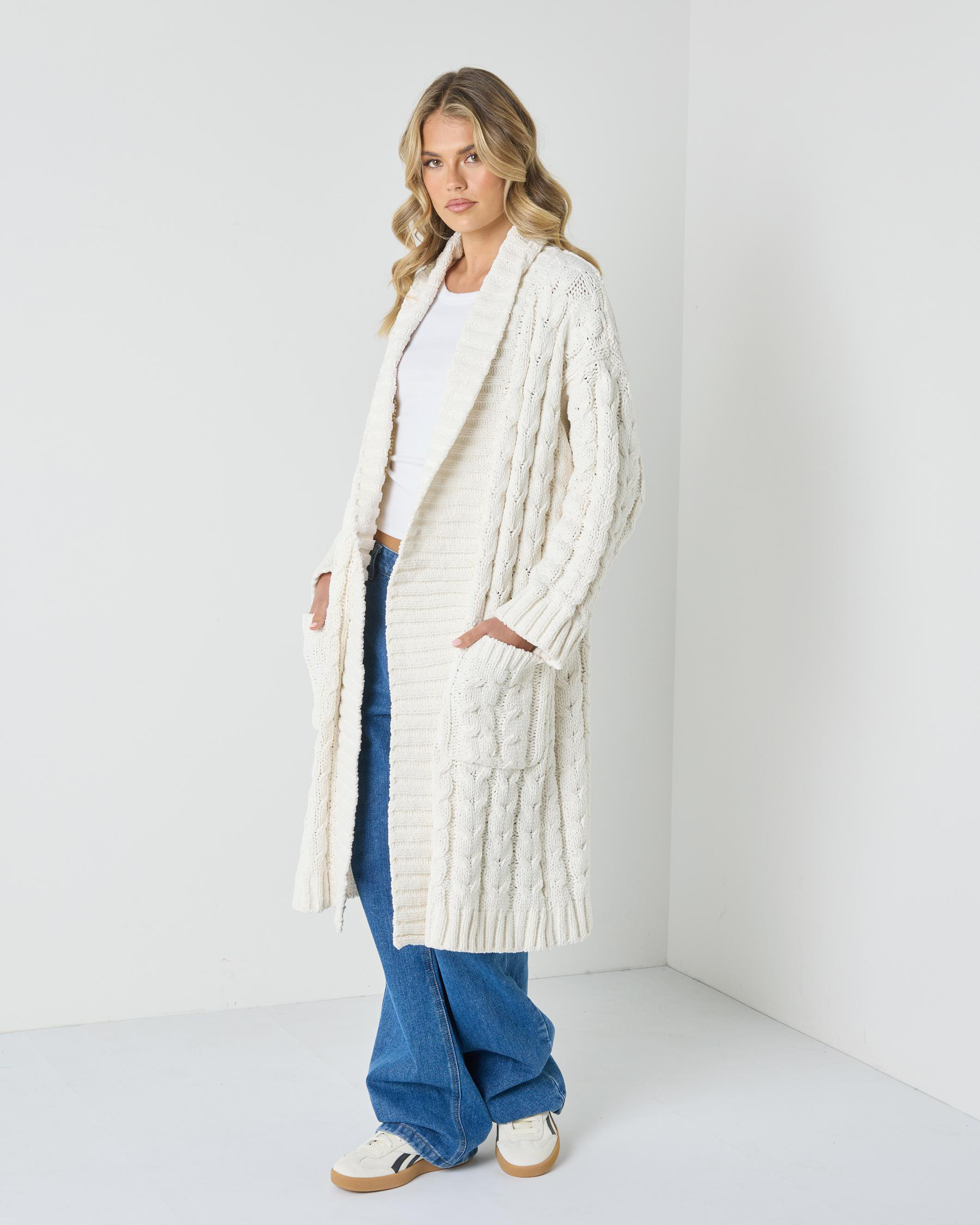 Shop Mooloola Vogue Longline Cable Knit Cardigan In Cream - Fast ...