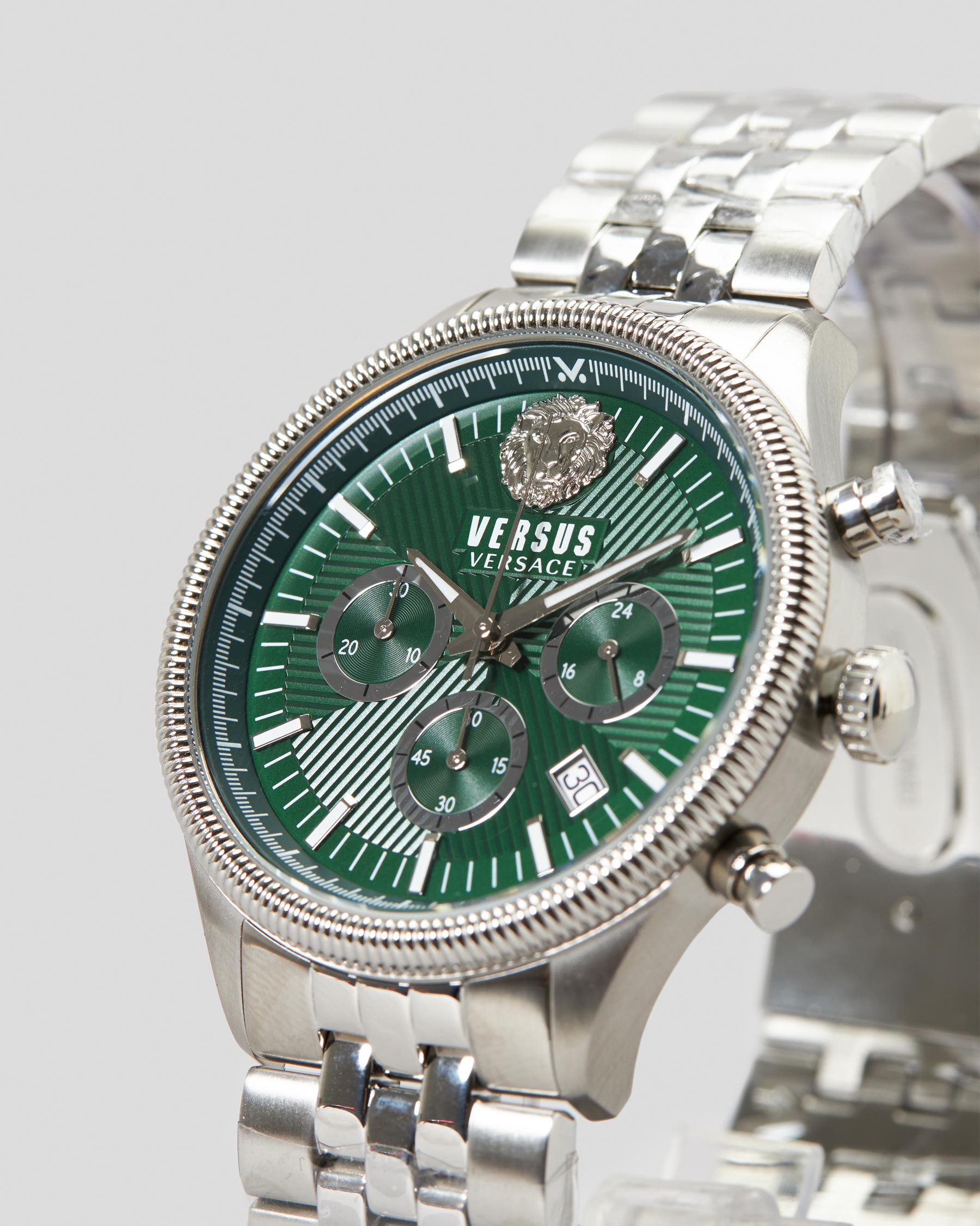 Shop Versus Versace Colonne Chrono Watch In Steel / Green - Fast ...