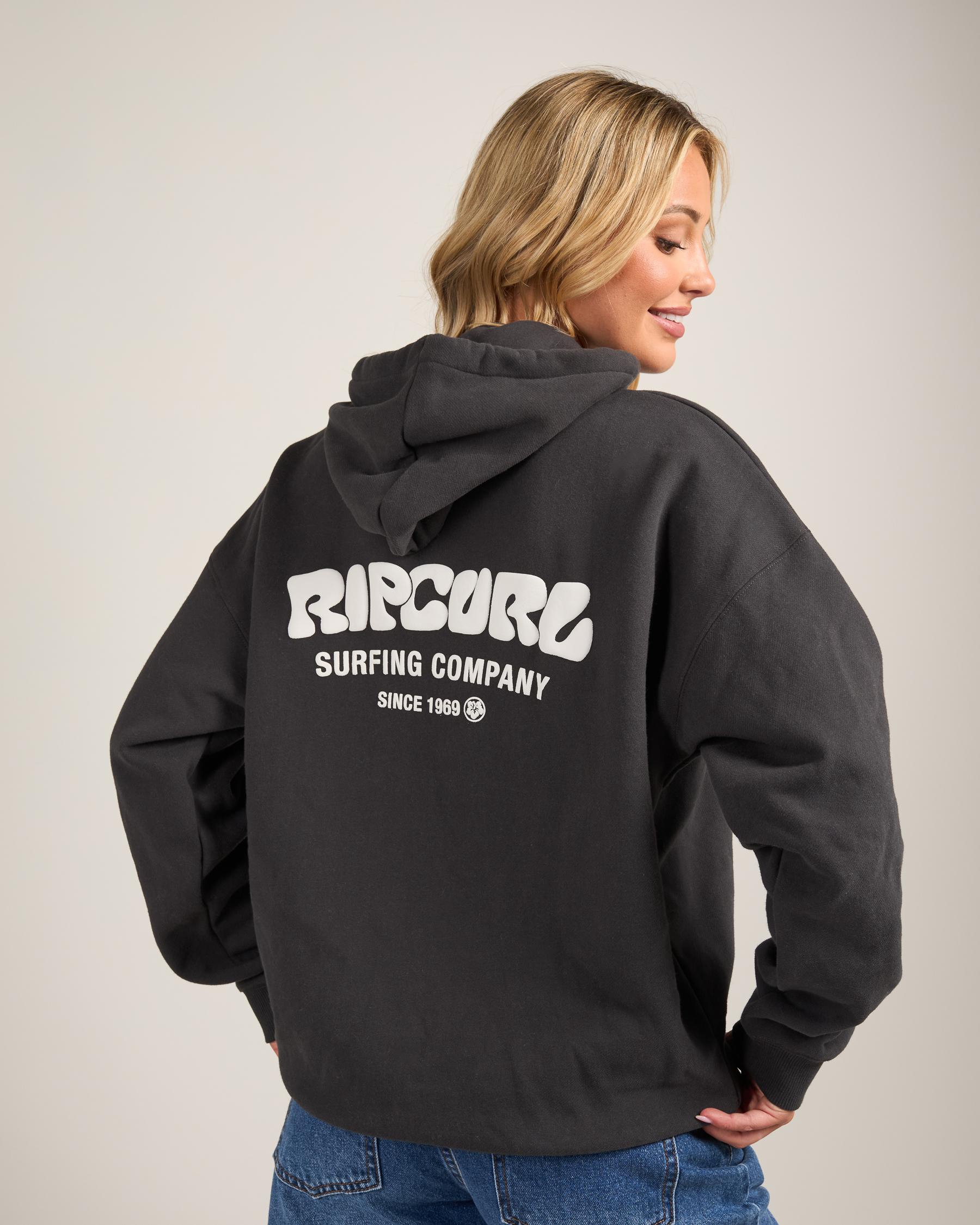 Shop Rip Curl Surf Puff Heritage Hoodie In Washed Black/cream - Fast ...