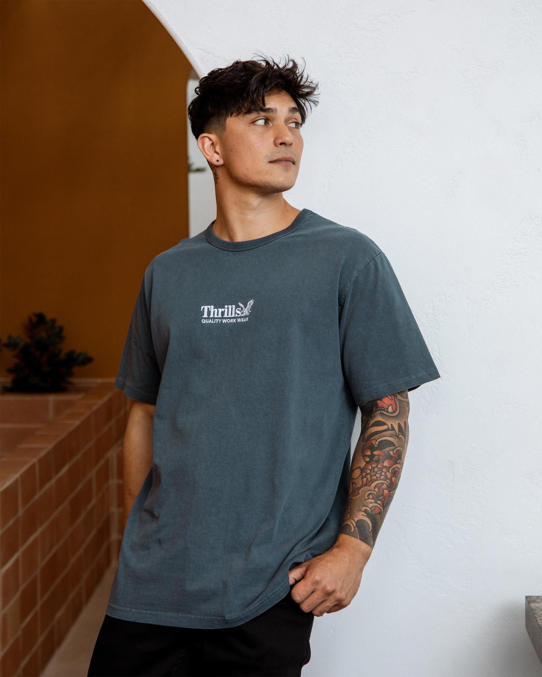 Shop Thrills Workwear Embroided Merch Fit T-Shirt In Light Petrol ...