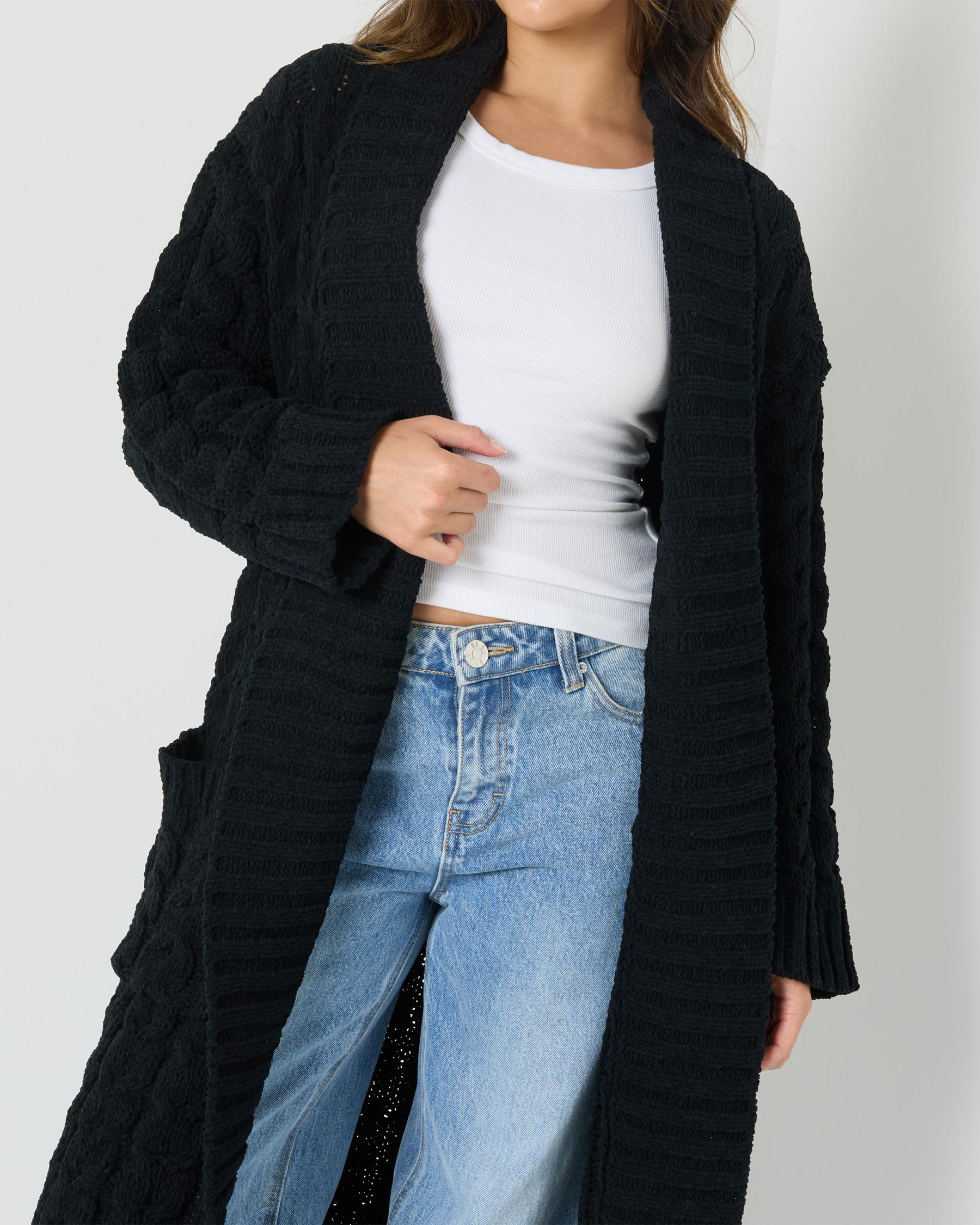 Shop Mooloola Vogue Longline Cable Knit Cardigan In Black - Fast ...