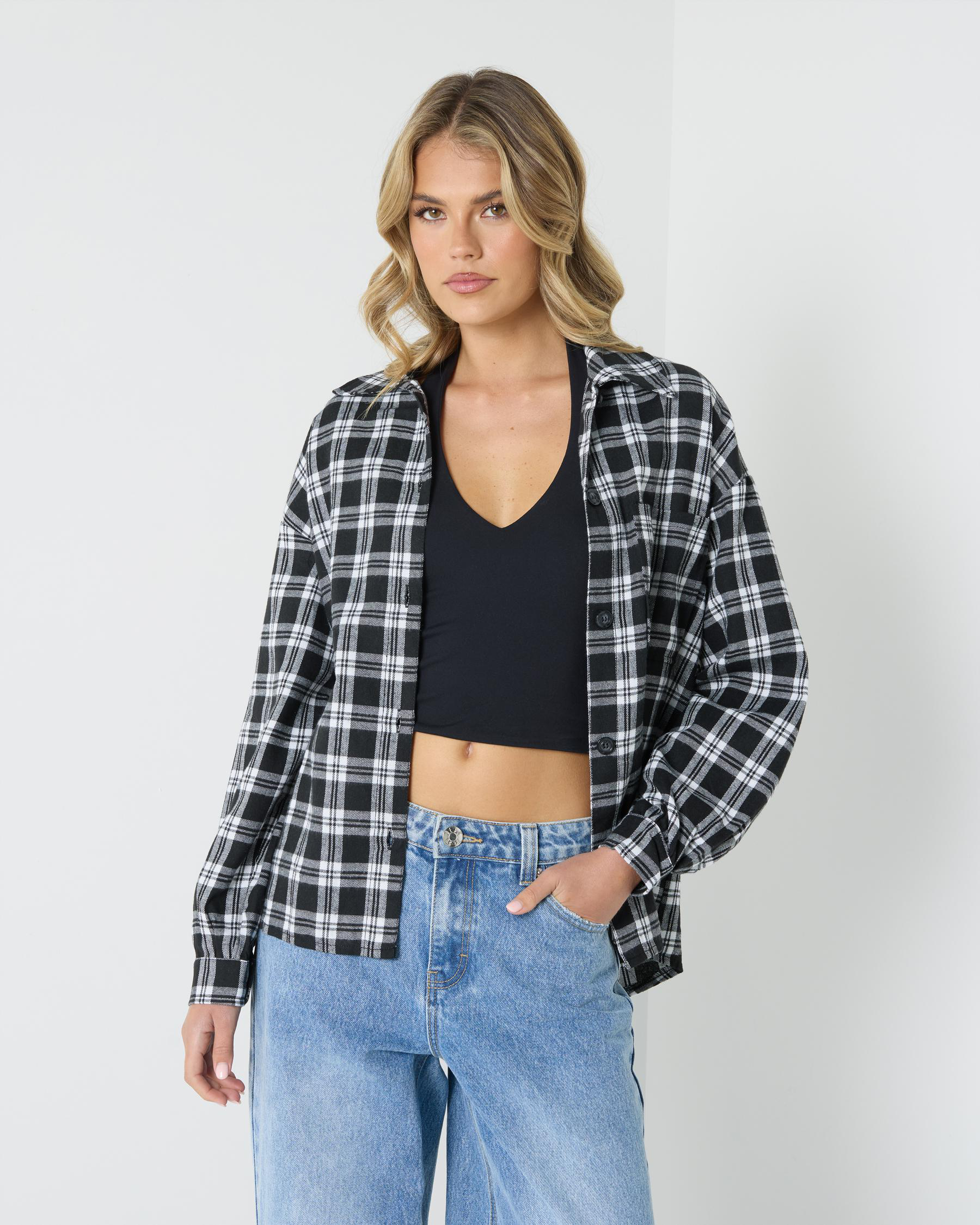 Shop Ava And Ever Banff Flannel Long Sleeve Shirt In Black/white - Fast ...