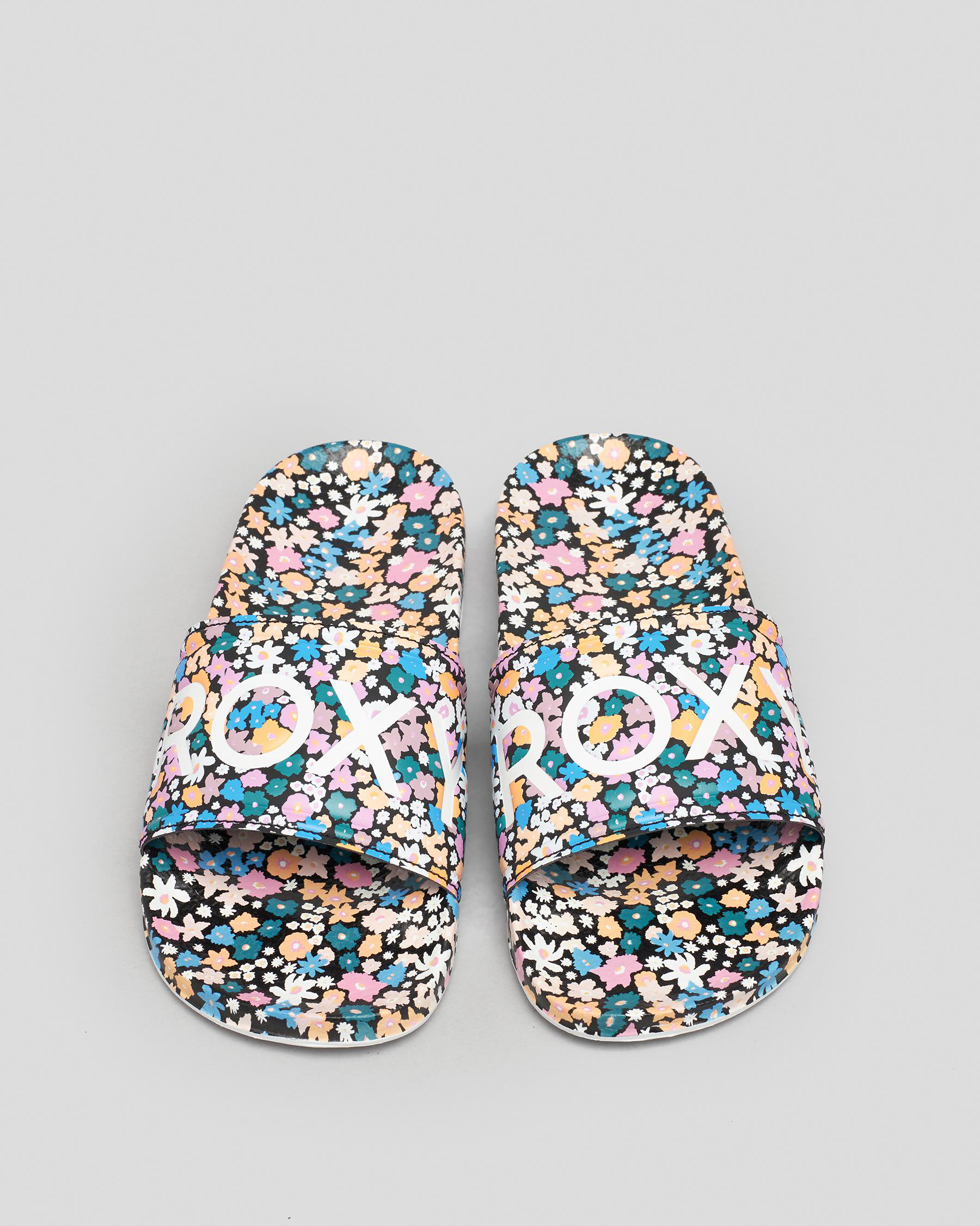 Shop Roxy Girls' Slippy Printed Slide Sandals In Black/floral - Fast ...