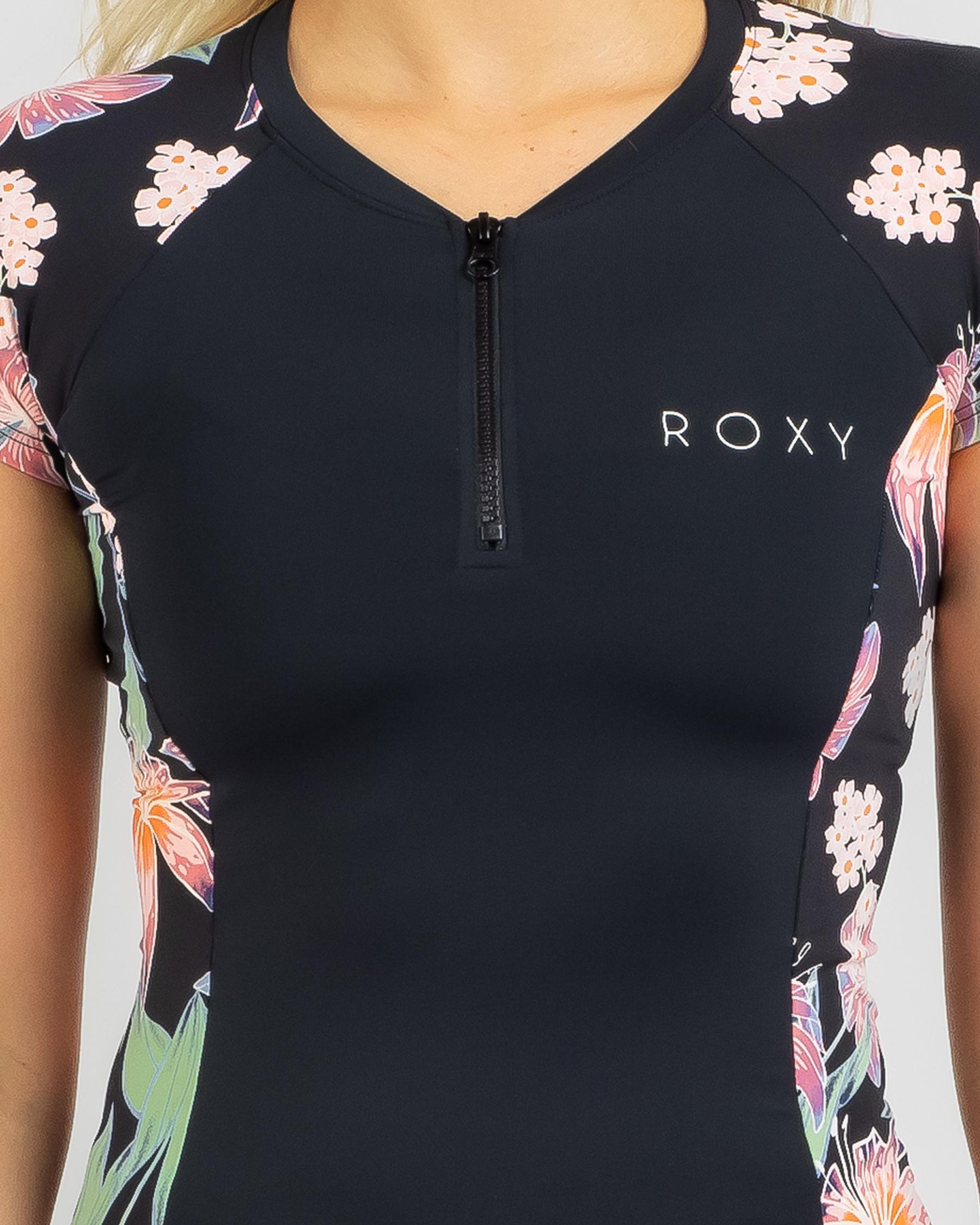 Shop Roxy Paradise Found Cap Sleeve Rash Vest In Anthracite Paradise ...