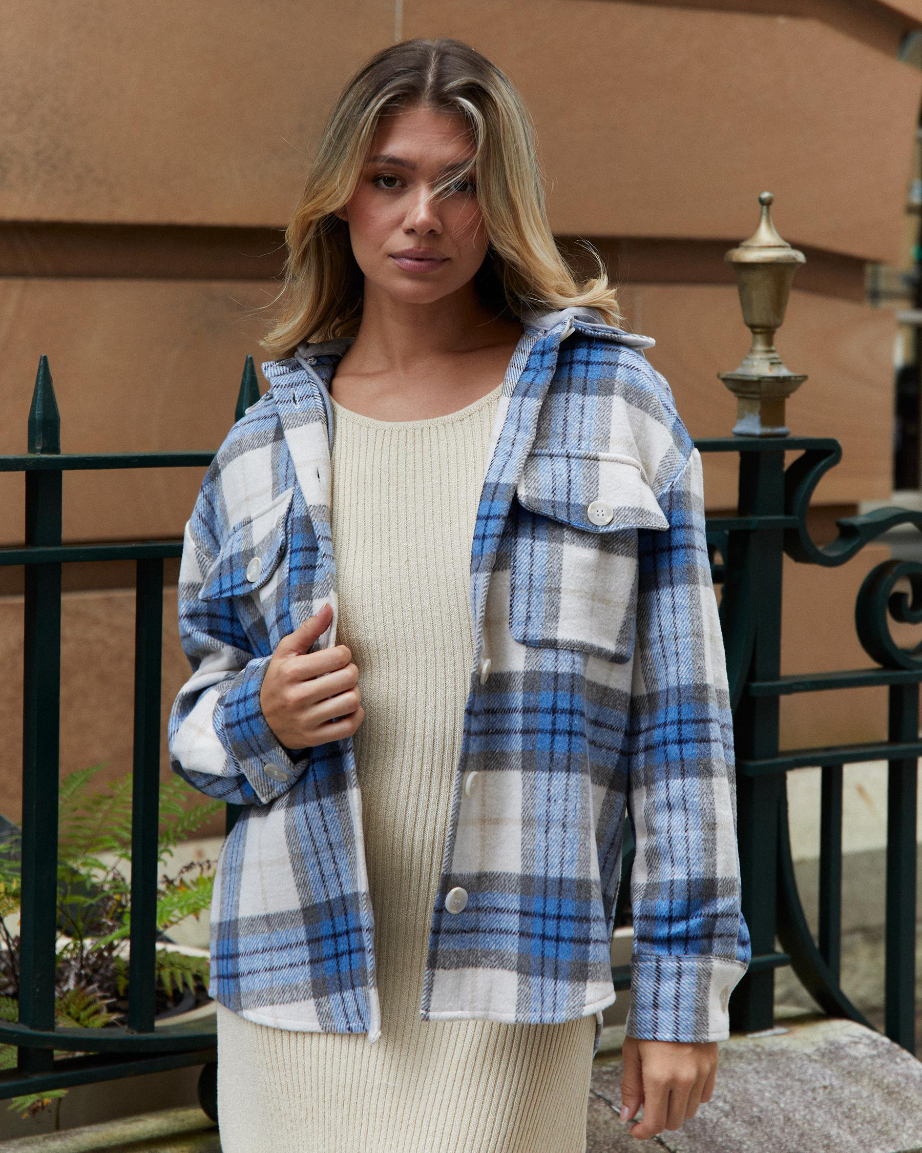 Shop Ava And Ever Noah Hooded Shacket In Cream/blue - Fast Shipping ...