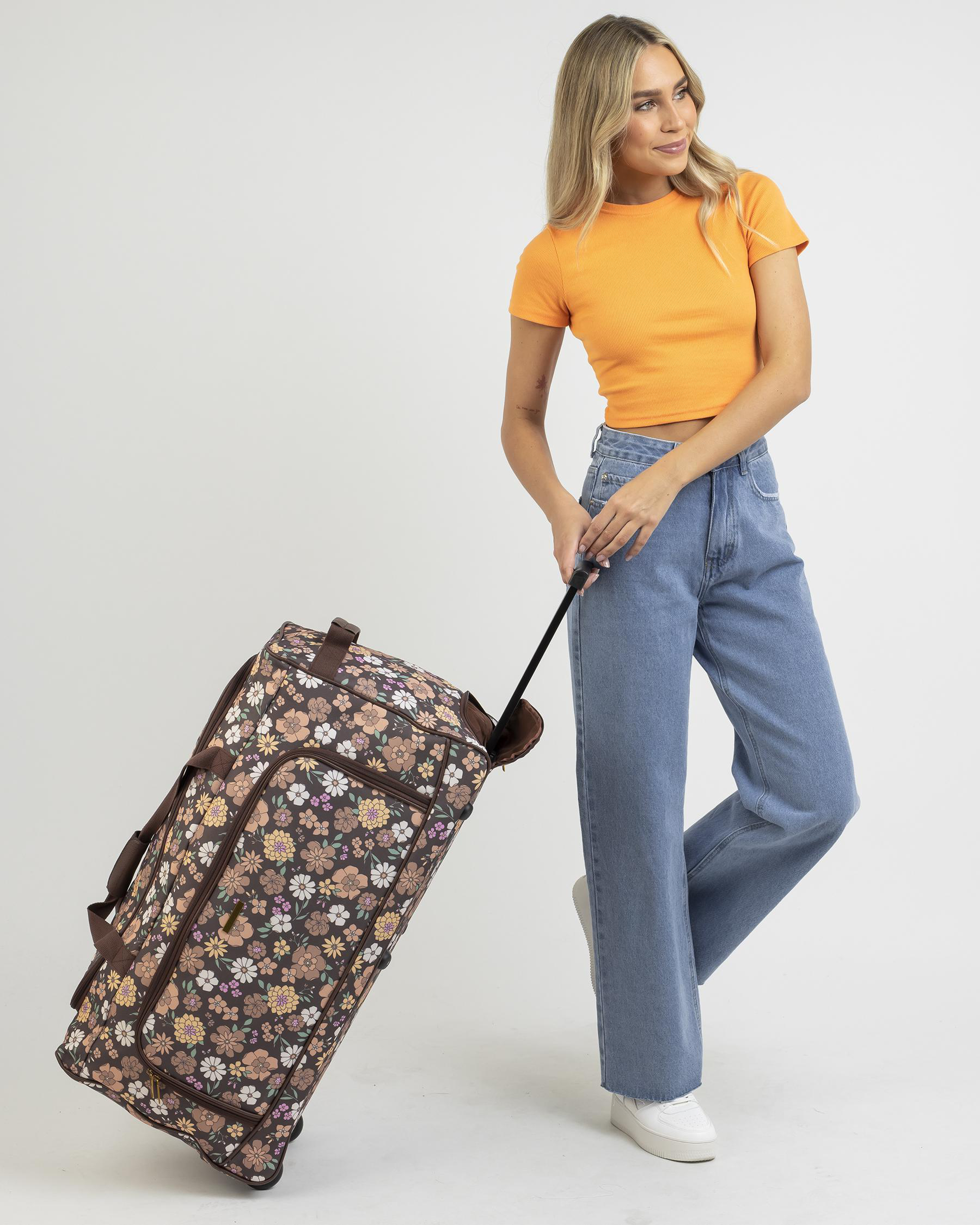 Shop Mooloola Kat Large Wheeled Travel Bag In Chocolate/pink/yellow ...