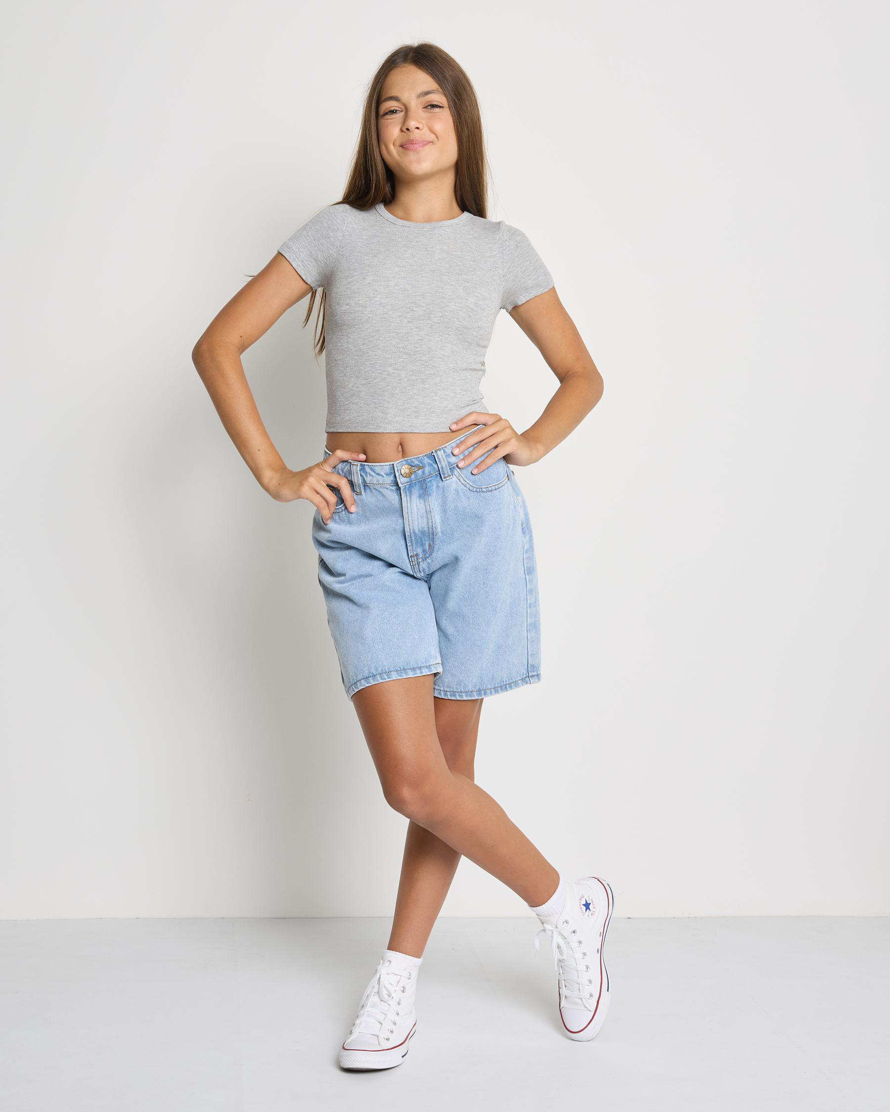 Shop Mooloola Girls' Basic Fine Rib Tee In Grey - Fast Shipping & Easy ...