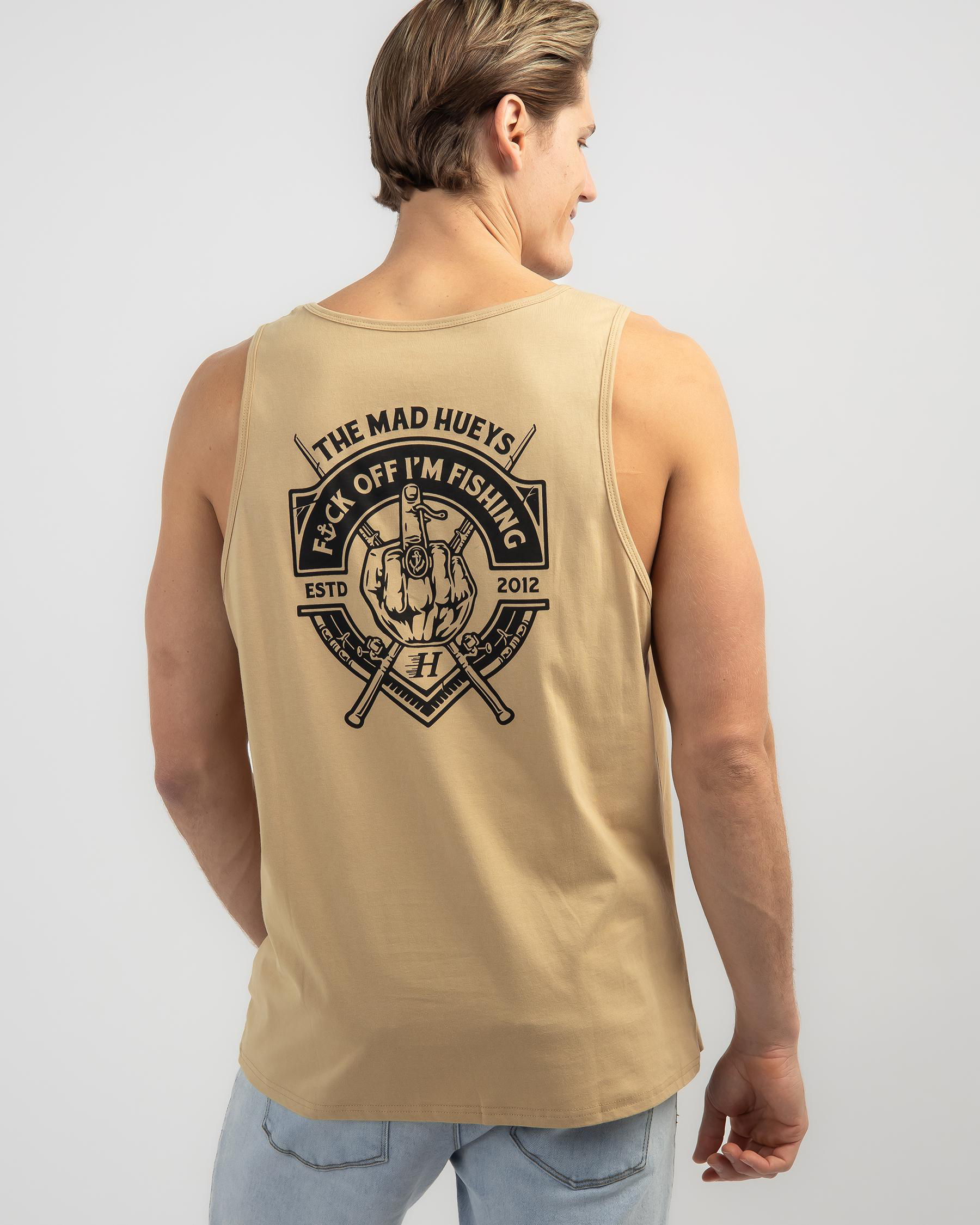 Shop The Mad Hueys Fk Off I'm Fishing Singlet In Tan - Fast Shipping ...