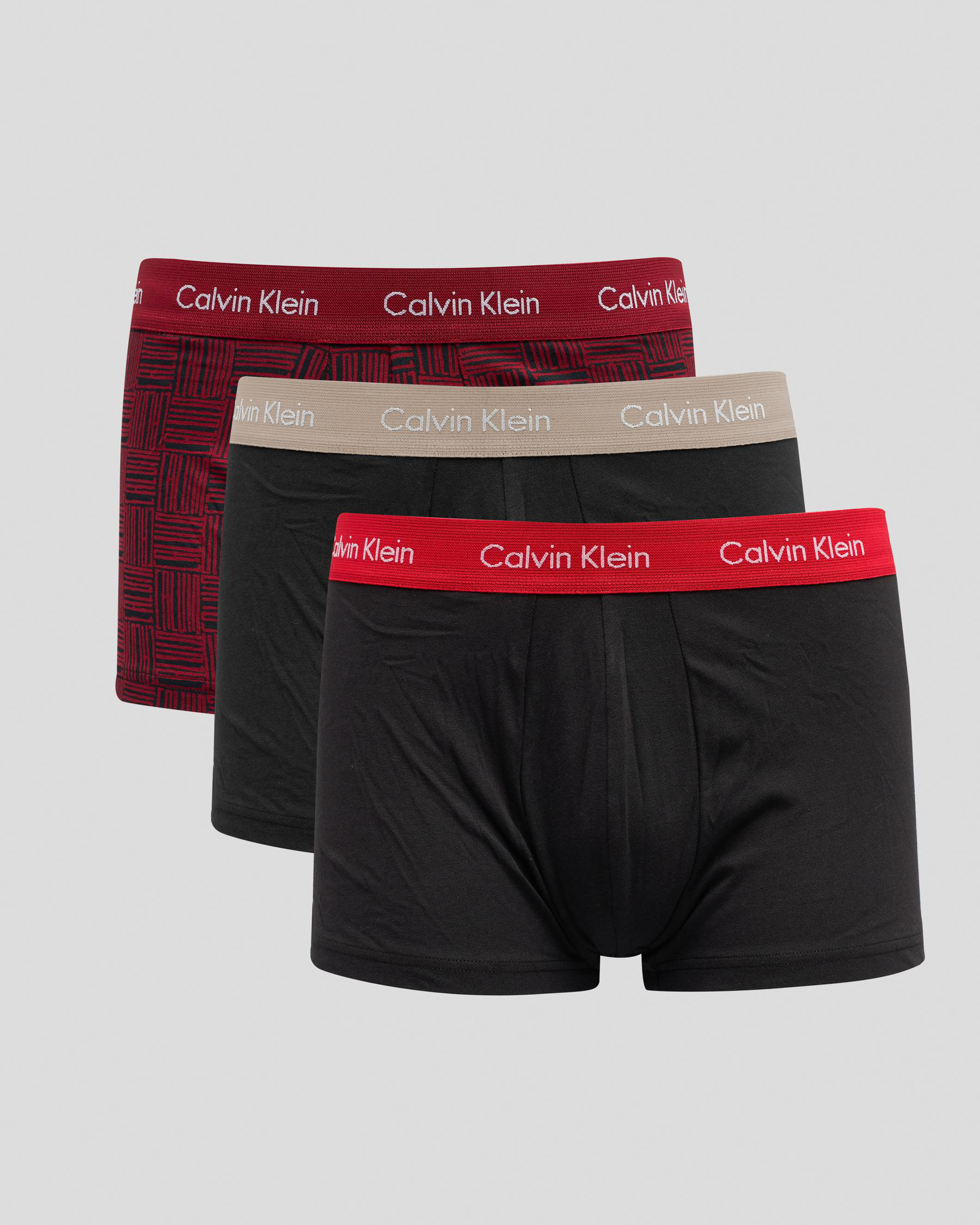Shop Calvin Klein Holiday Cotton Stretch Low Rise Trunks 3 Pack In Black/black W/exact Wb - Fast ...