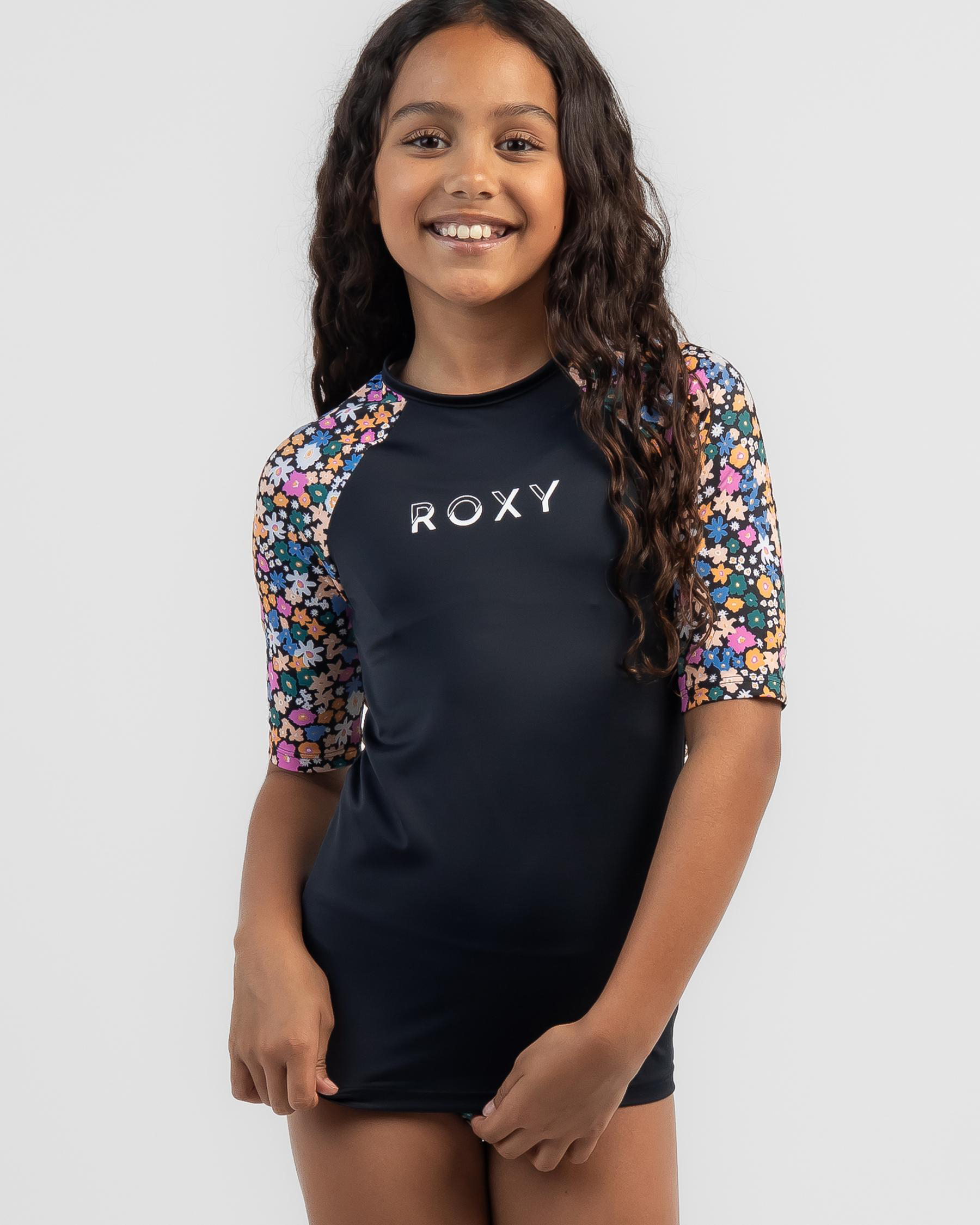 Roxy Girls' Active Joy Short Sleeve Rash Vest In Anthracite Flower Power - FREE* Shipping & Easy ...
