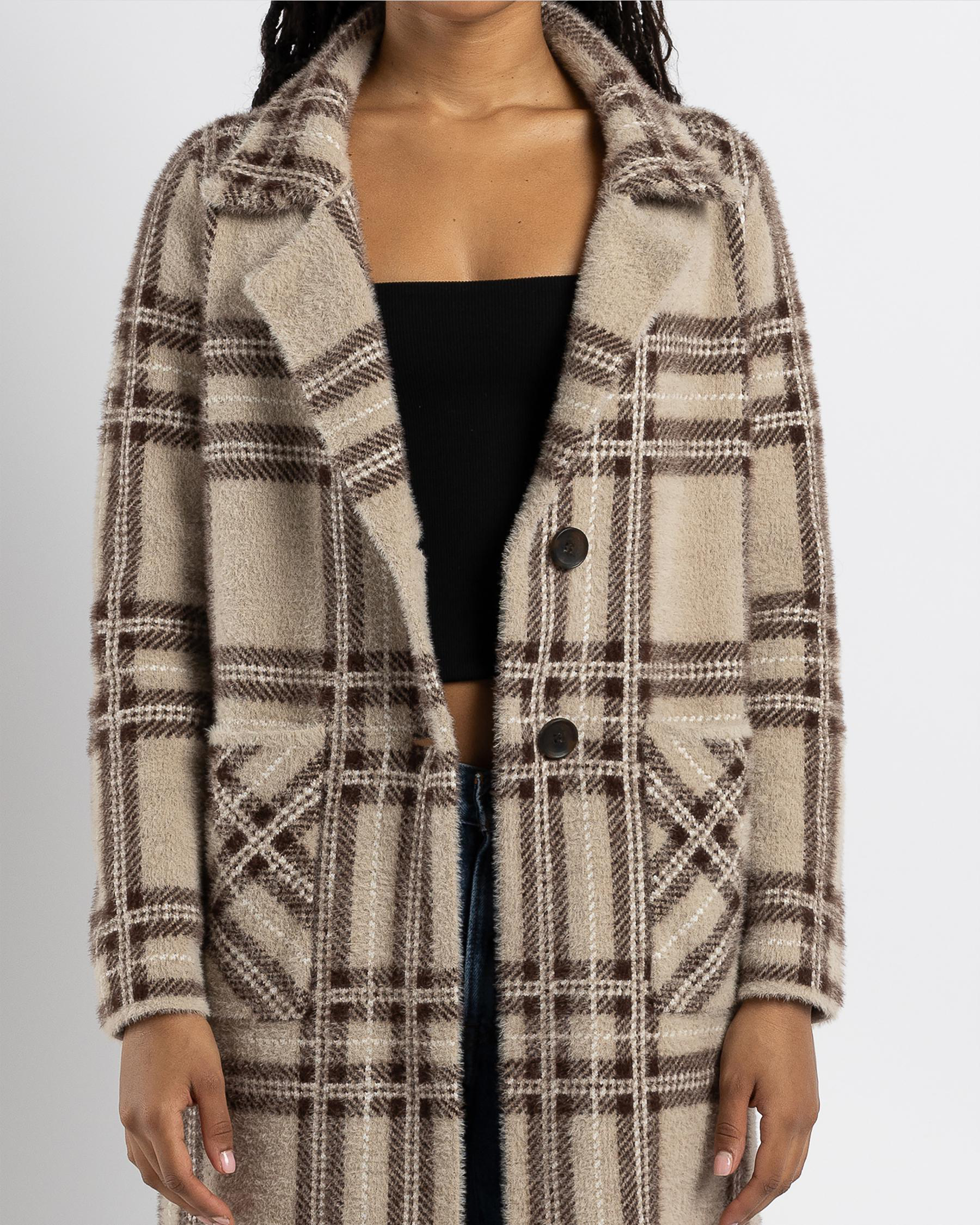 Shop Ava And Ever Central Park Knit Coatigan In Beige/brown Check ...