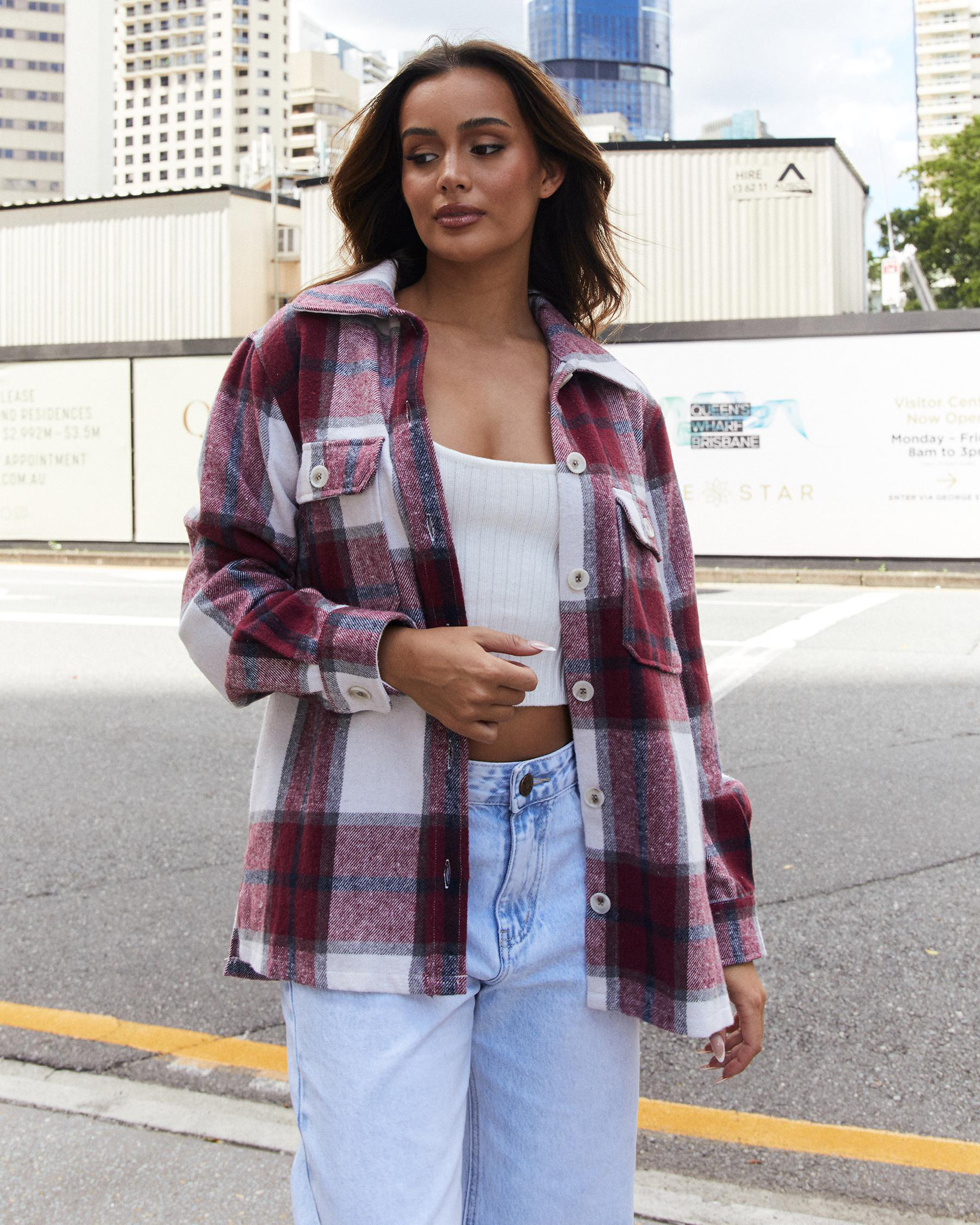 Shop Ava And Ever Ricky Shacket In Maroon/cream - Fast Shipping & Easy ...