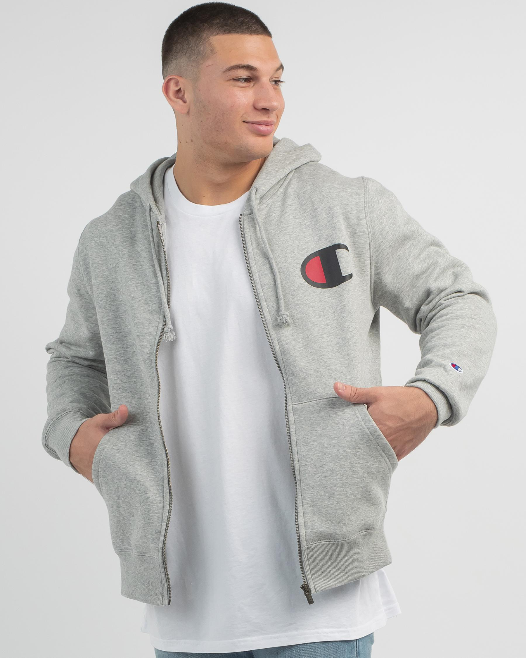 Shop Champion C Logo Hooded Jacket In Oxford Heather - Fast Shipping ...