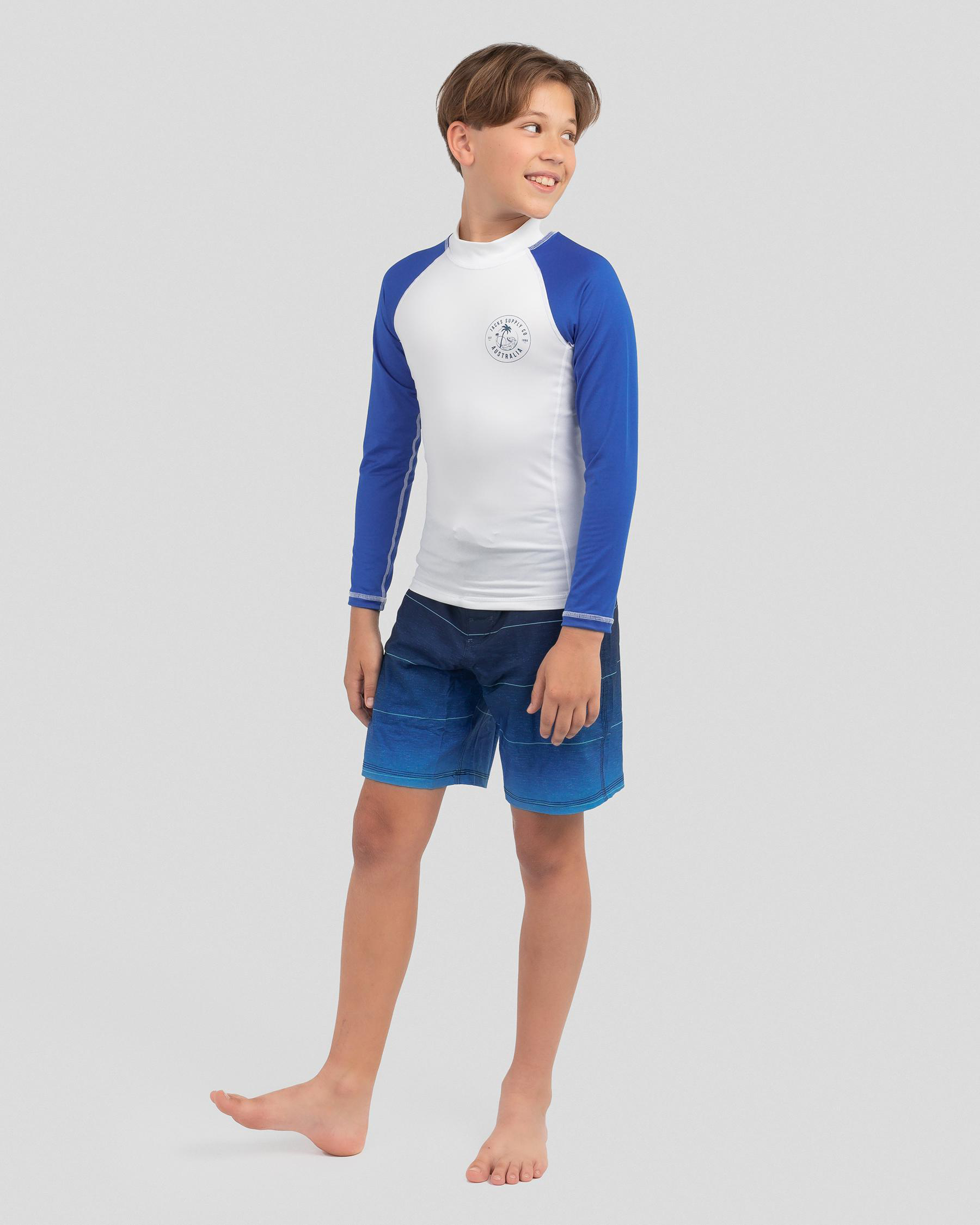 Shop Jacks Boys' Clan Long Sleeve Rash Vest In White/cyan - Fast ...
