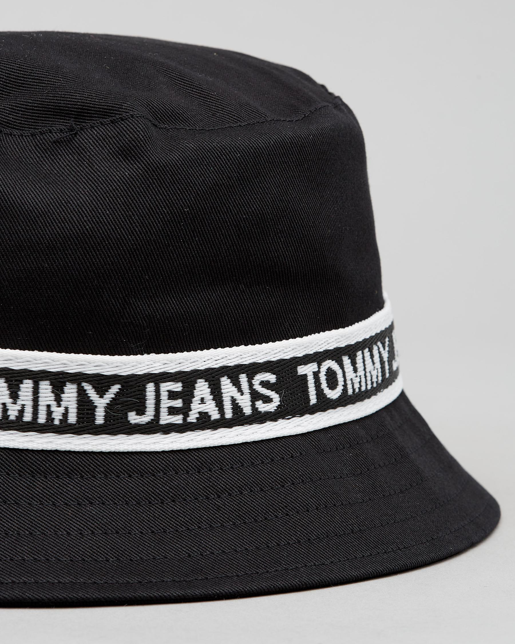 Shop Tommy Hilfiger Mini Logo Tape Bucket Hat In Black - Fast Shipping ...