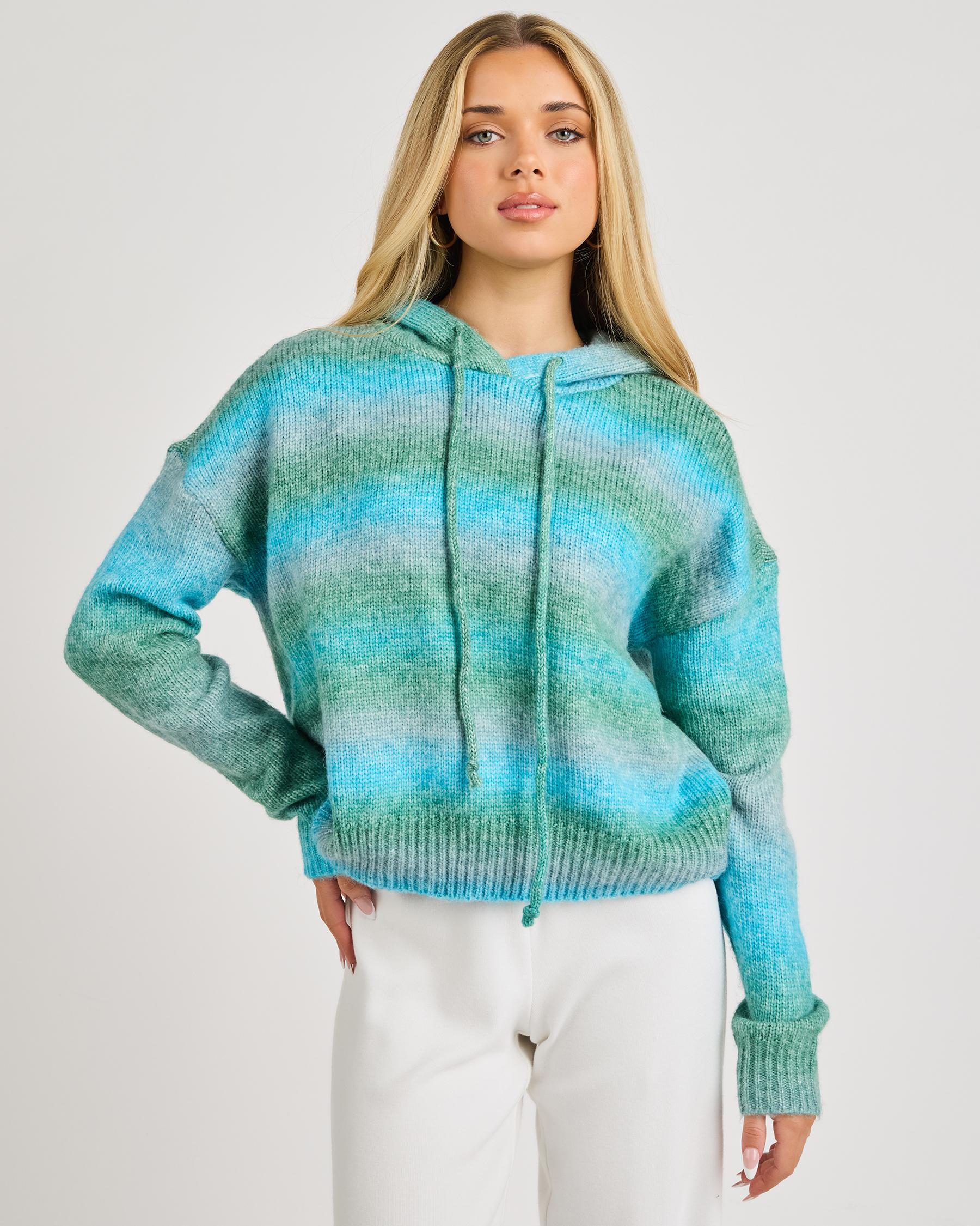 Shop Mooloola Miami Hooded Knit Jumper In Blue/green - Fast Shipping ...