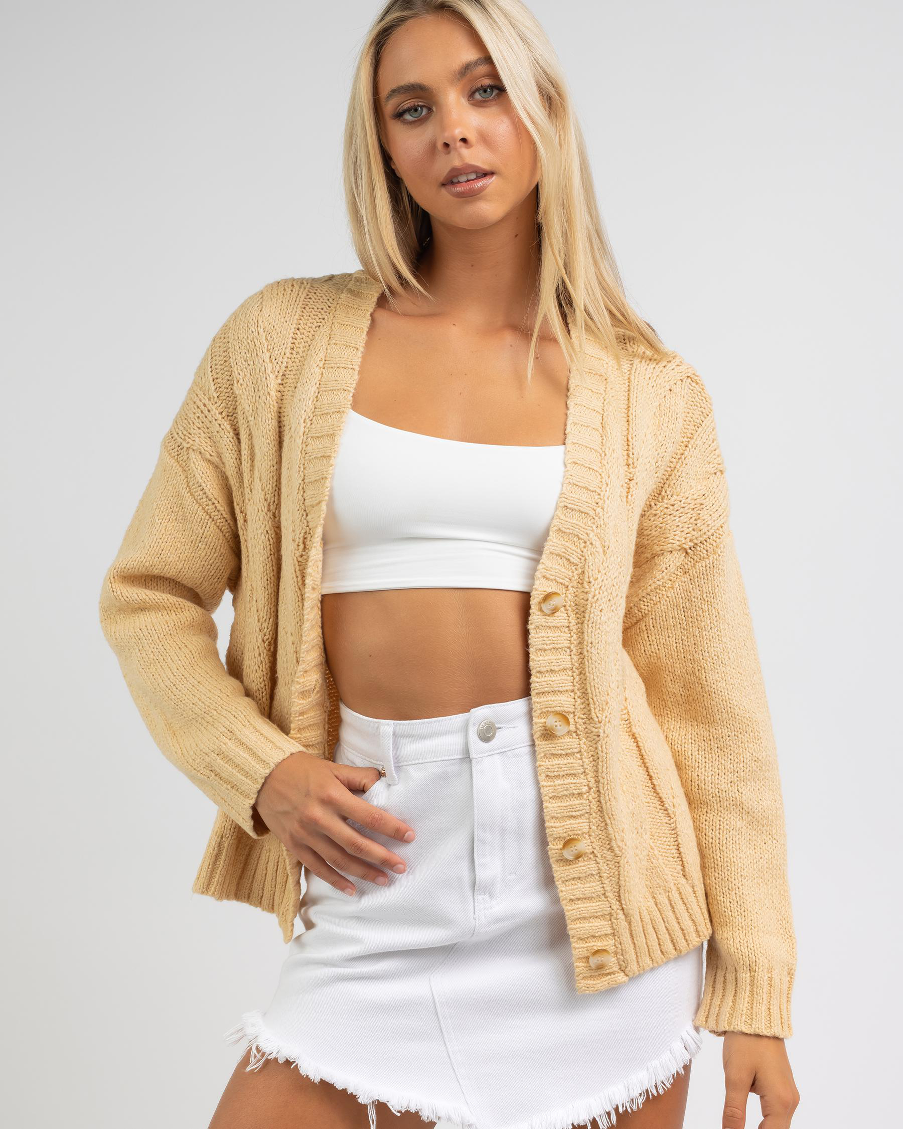 Shop Billabong Just Fine Knit Cardigan In Desert Sand - Fast Shipping ...