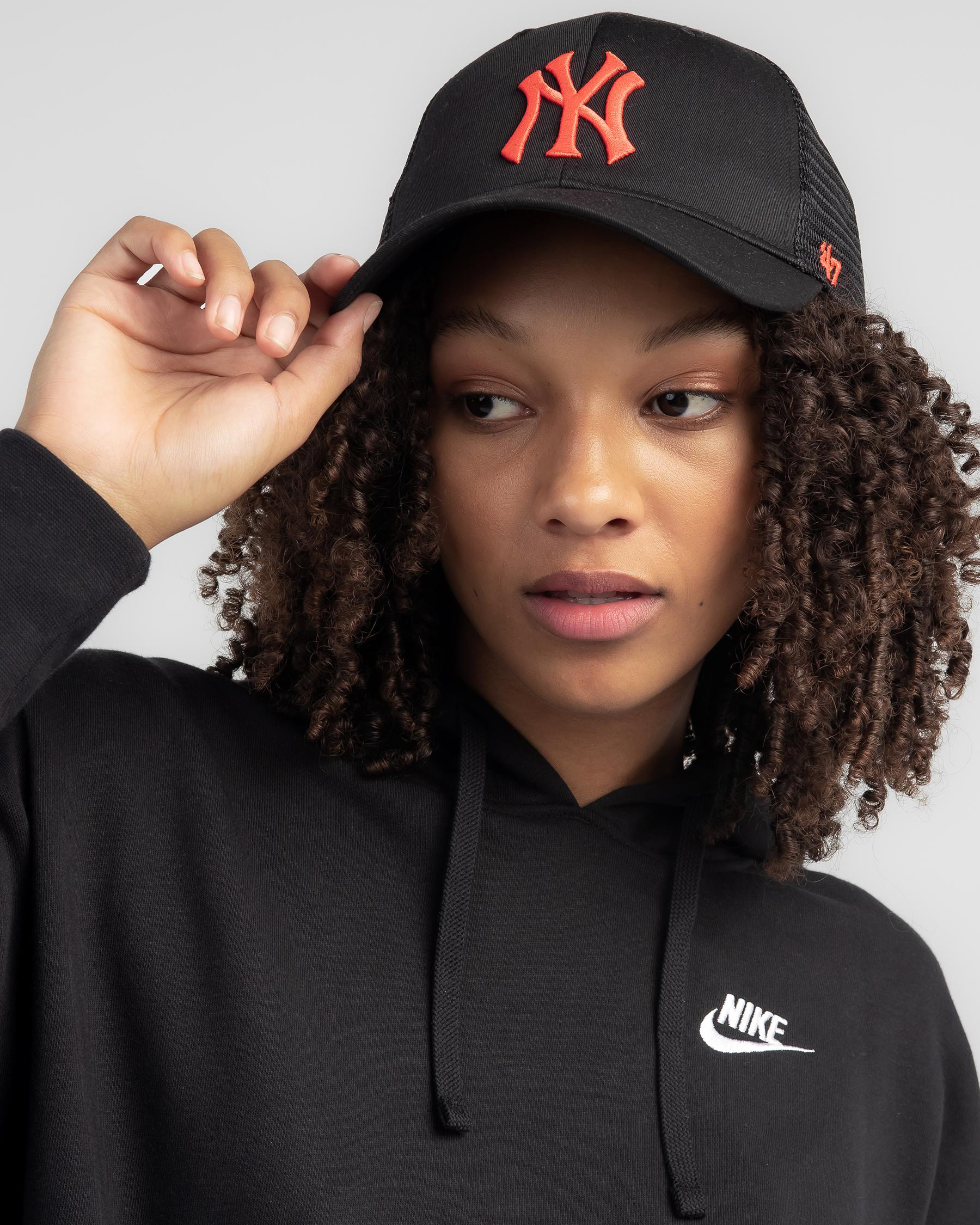 Shop Forty Seven NY Yankees Trucker Cap In Black / Fluro Red - Fast ...