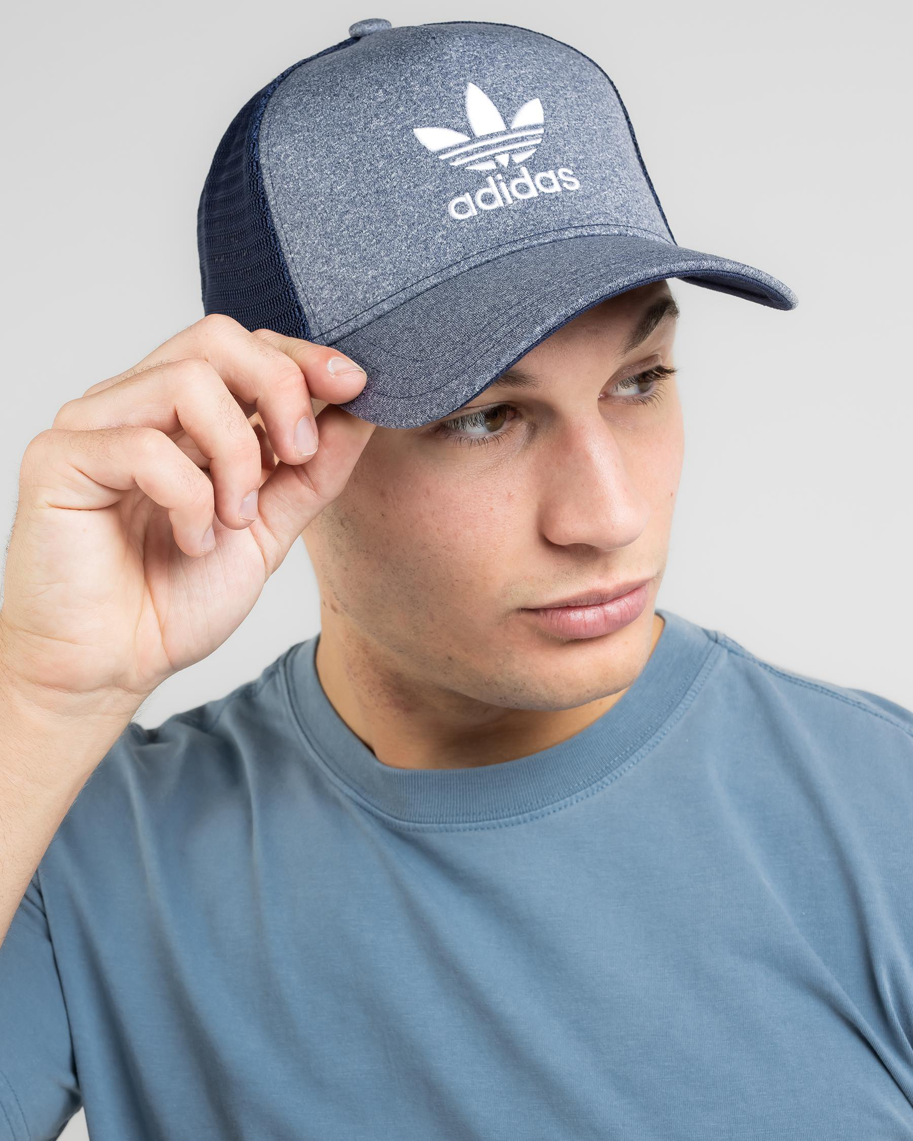 Shop adidas Curved Trucker Cap In Night Indigo / White - Fast Shipping ...