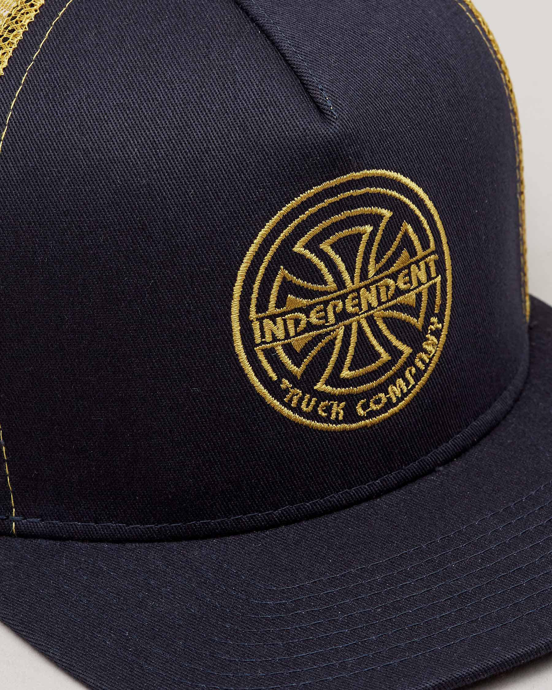 Shop Independent Bauhaus Bold Trucker Cap In Navy Blue/yellow - Fast ...