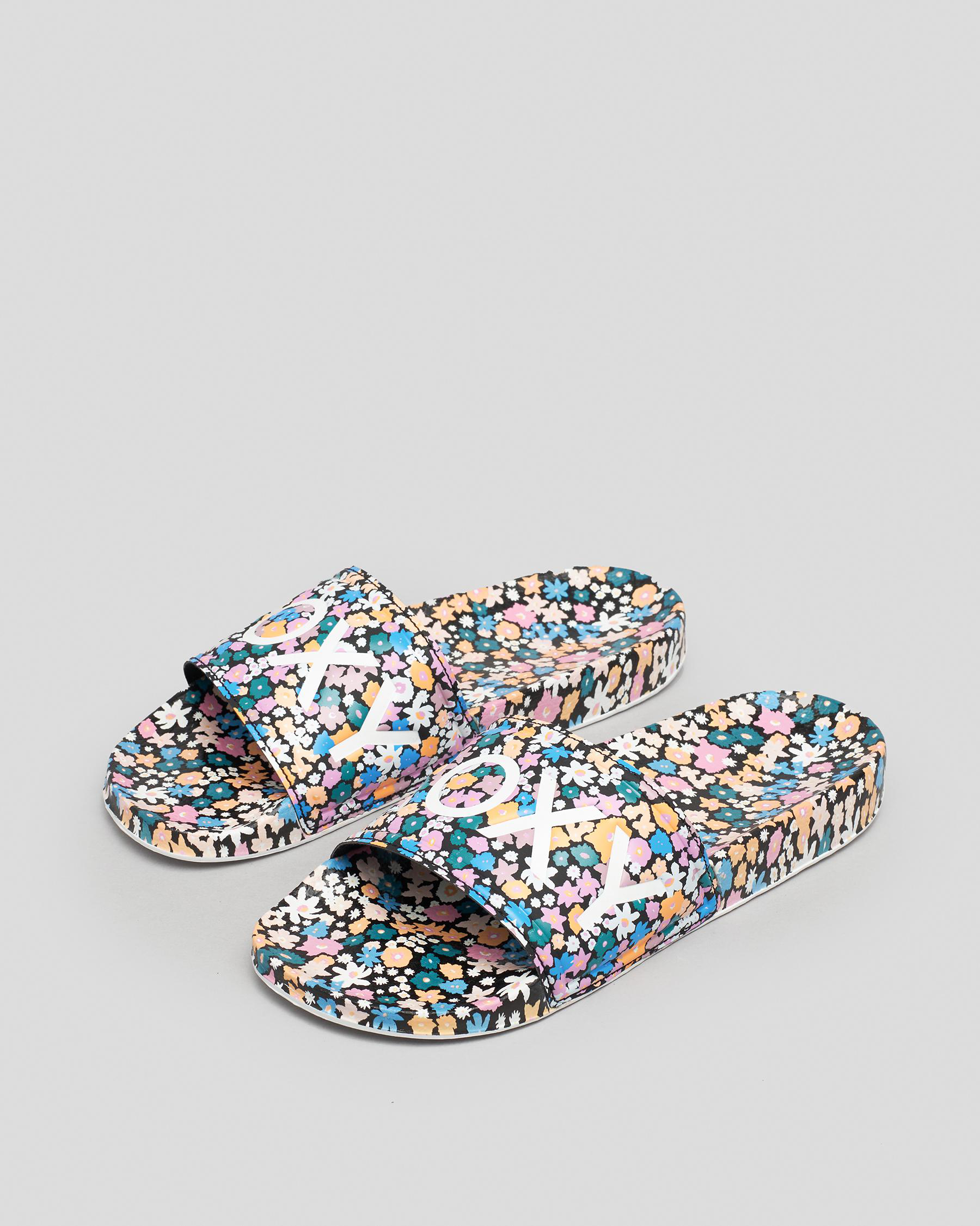 Shop Roxy Girls' Slippy Printed Slide Sandals In Black/floral - Fast ...