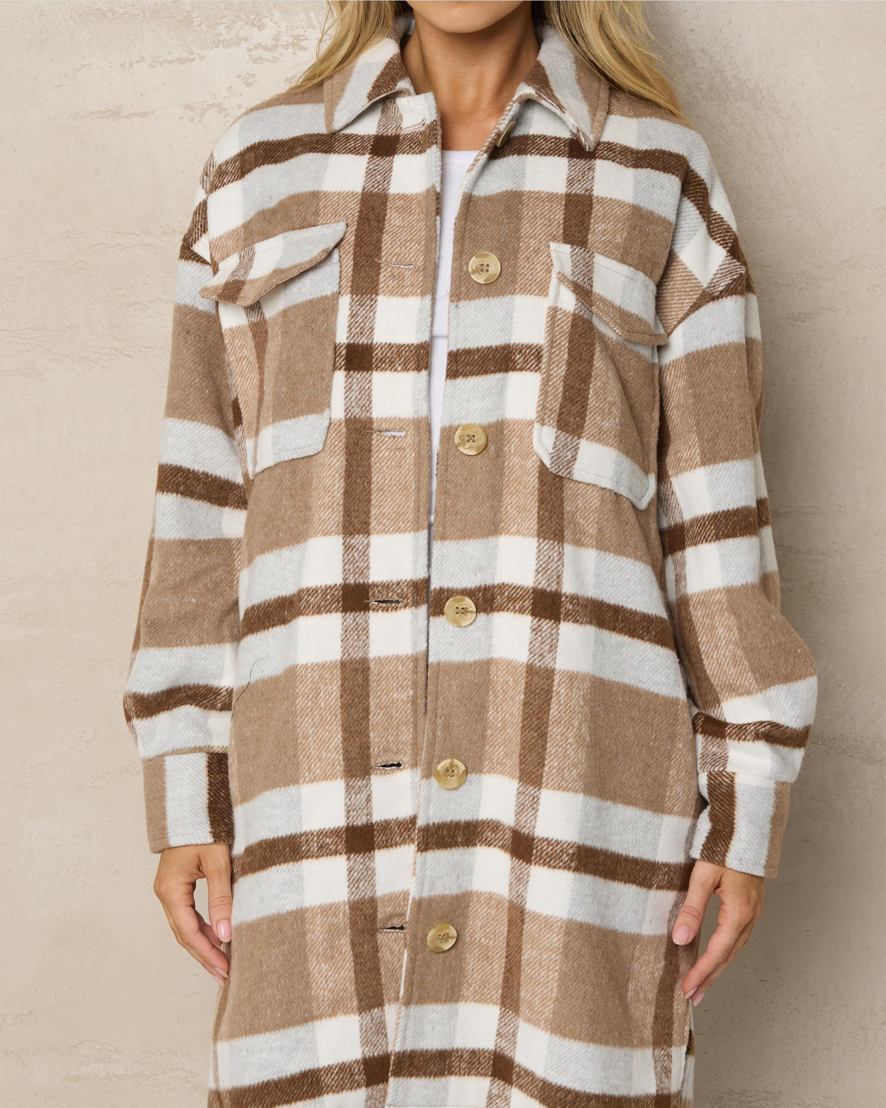 Shop Ava And Ever Andy Long Shacket In White/tan-choc - Fast Shipping ...