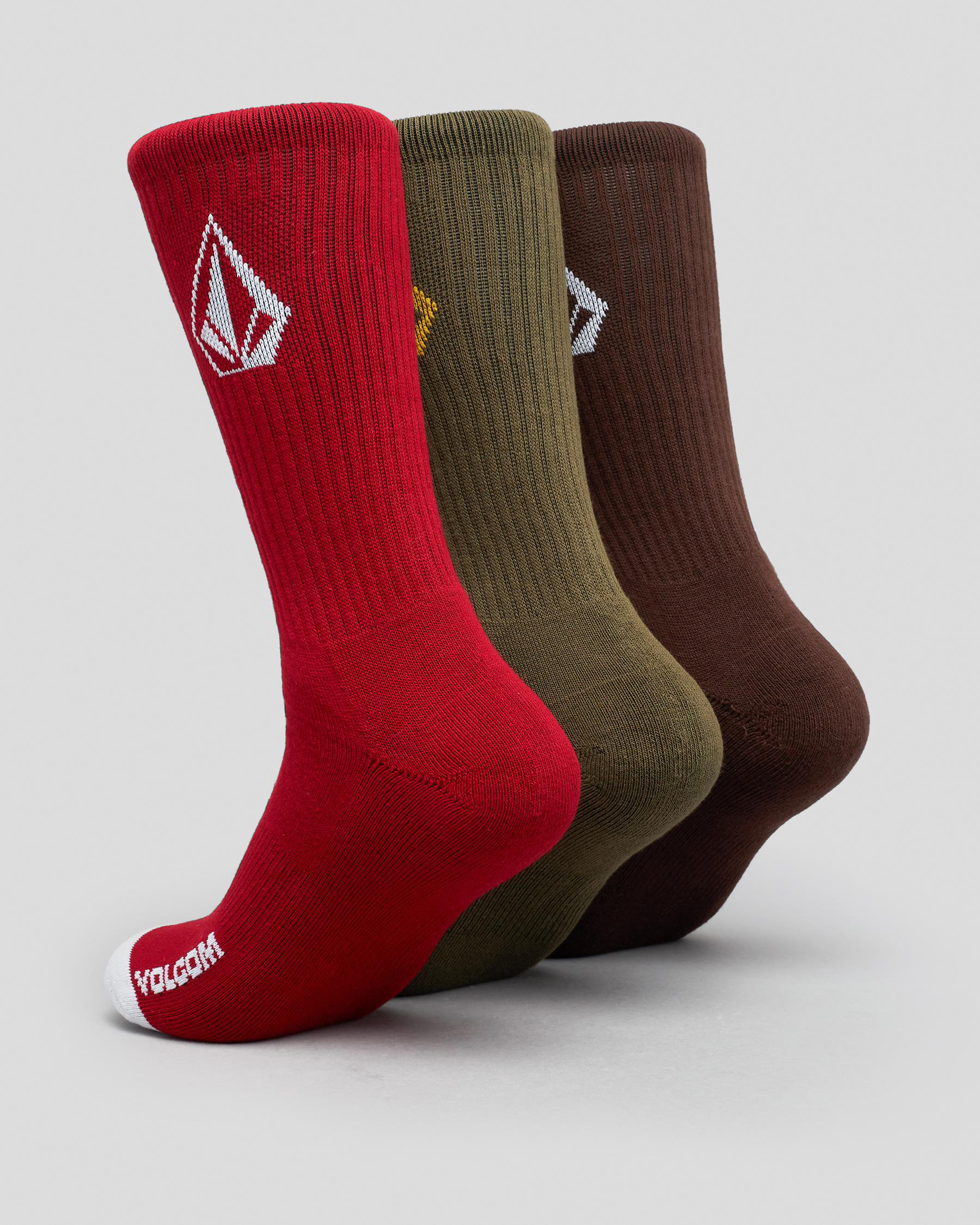 Shop Volcom Full Stone Recycled Crew Socks 3 Pack In Mahogany - Fast ...