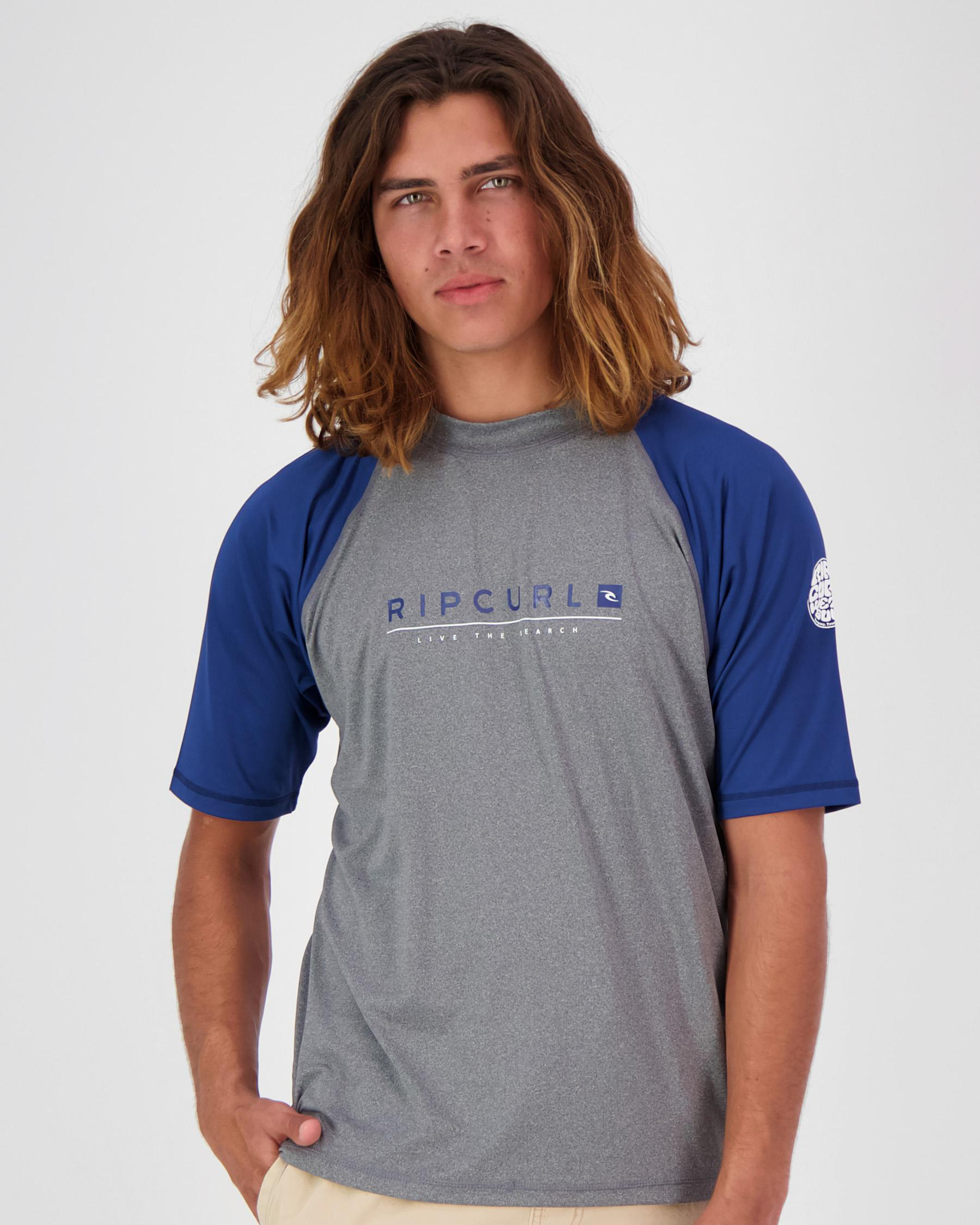 Shop Rip Curl Shockwave Short Sleeve Rash Vest In Grey/blue - Fast ...