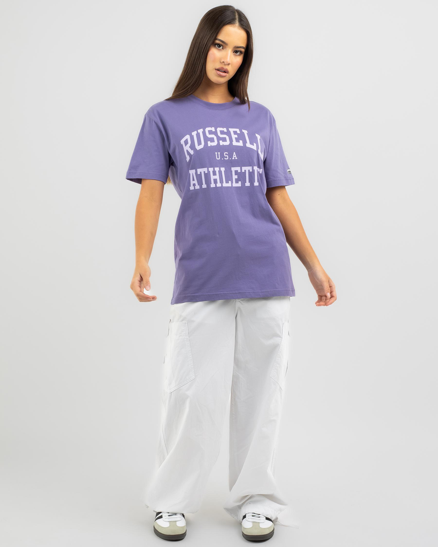 Shop Russell Athletic Arch Logo T-Shirt In Day Break - Fast Shipping ...