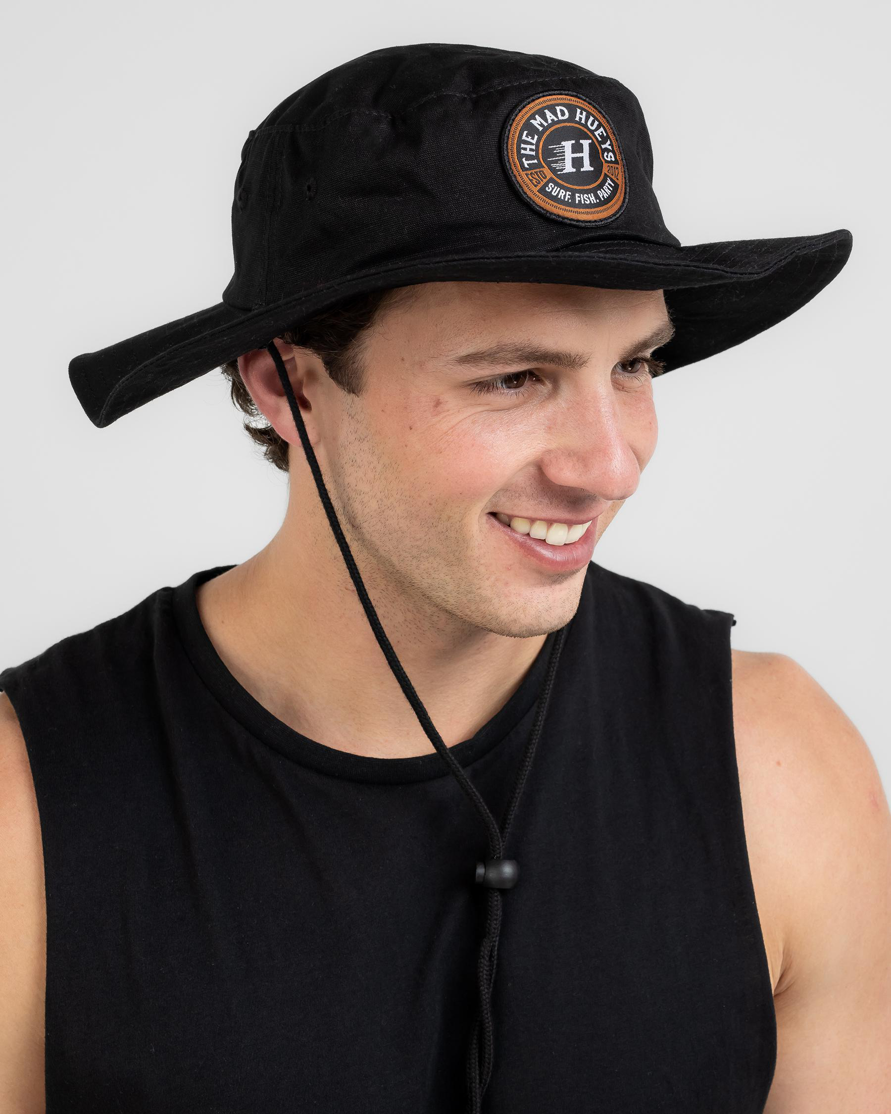 Shop The Mad Hueys Surf Fish Party Wide Brim Hat In Black - Fast ...