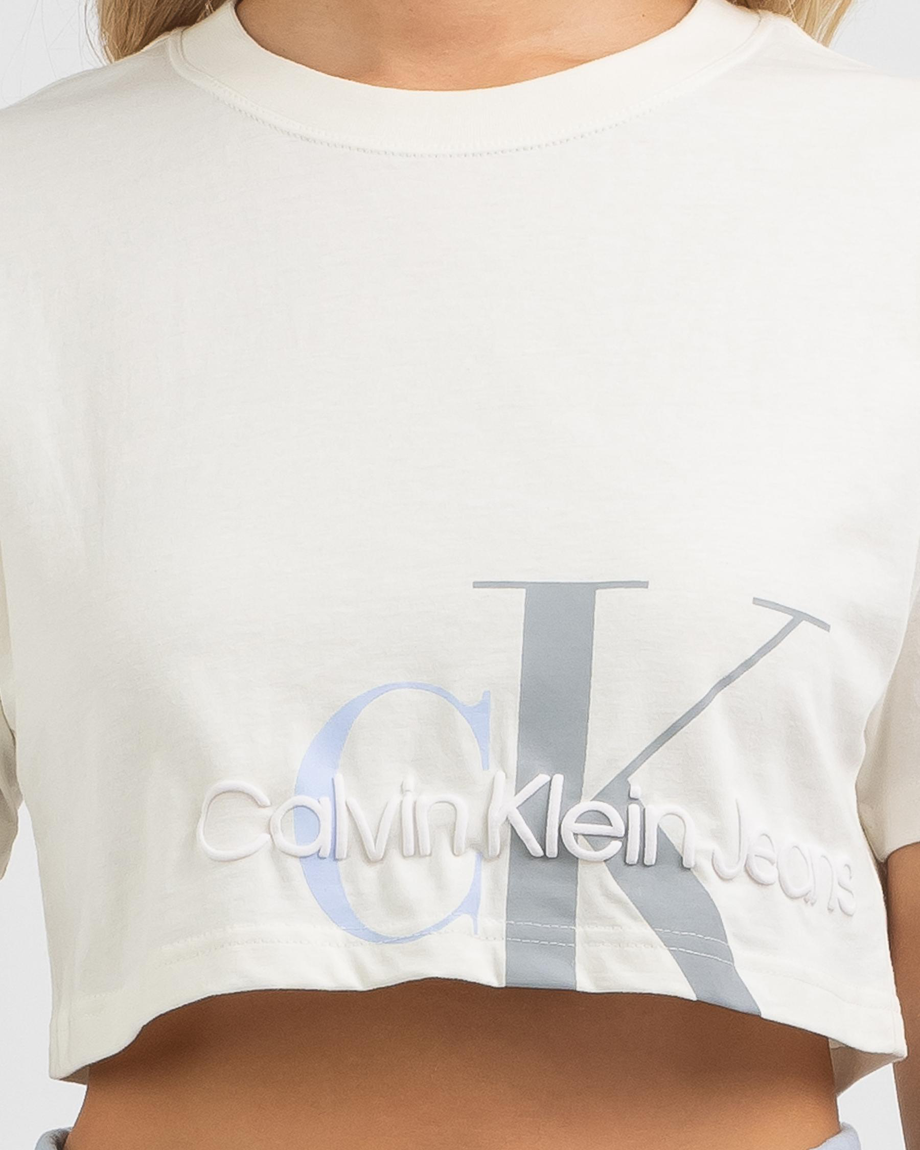 Shop Calvin Klein Two Tone Monogram Cropped T-Shirt In Tofu - Fast ...