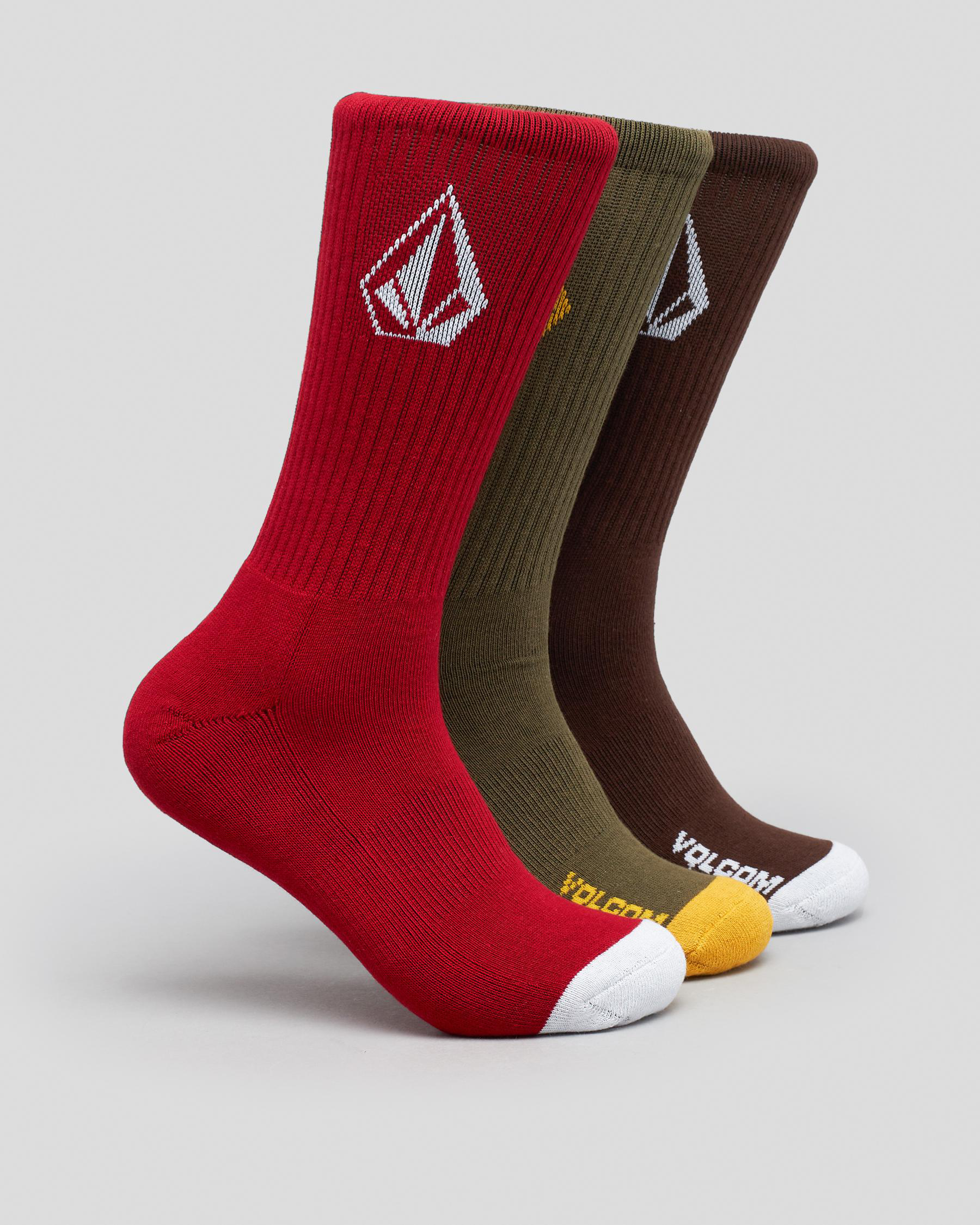 Shop Volcom Full Stone Recycled Crew Socks 3 Pack In Mahogany - Fast ...