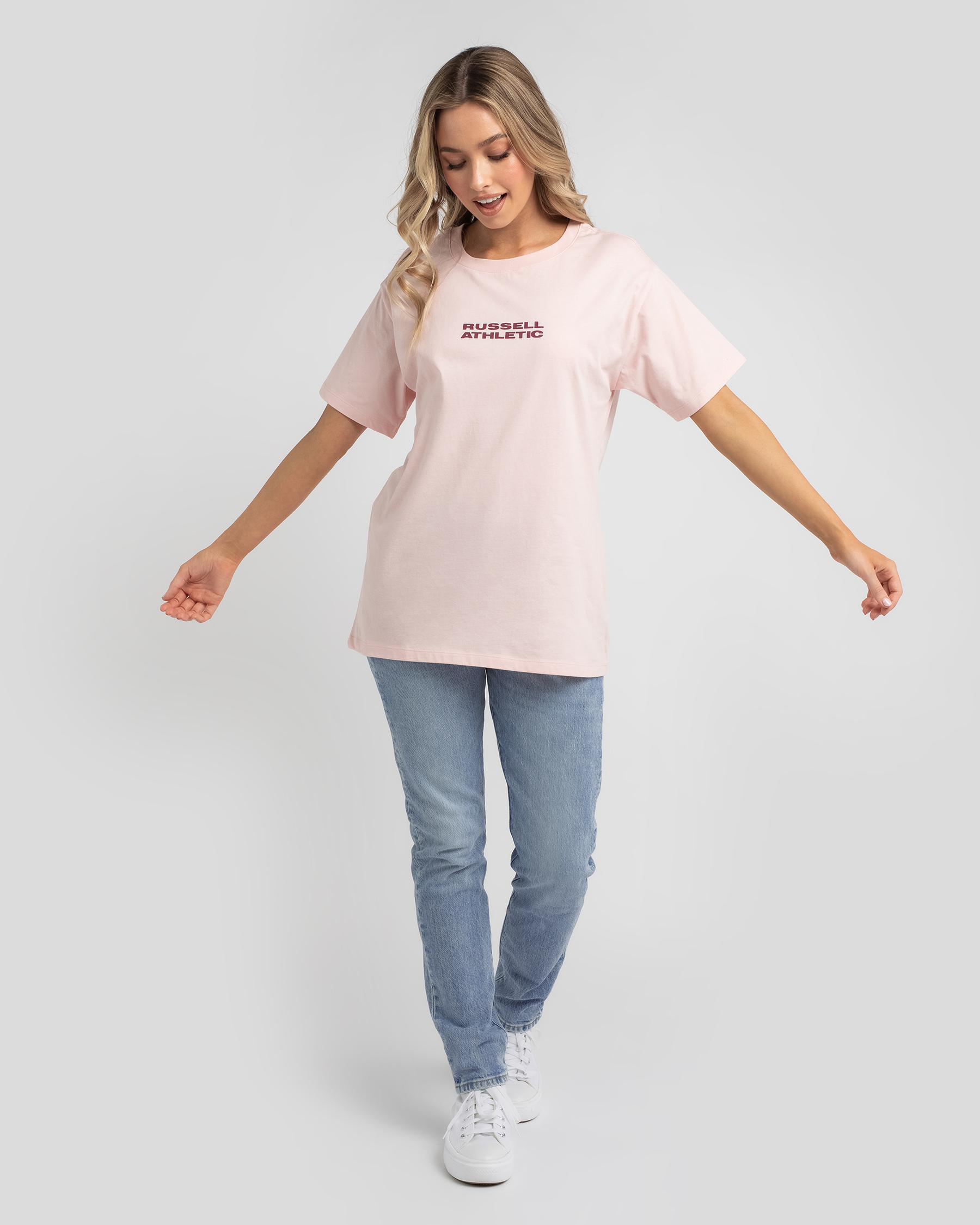 Shop Russell Athletic Block Logo T-Shirt In Blush - Fast Shipping ...