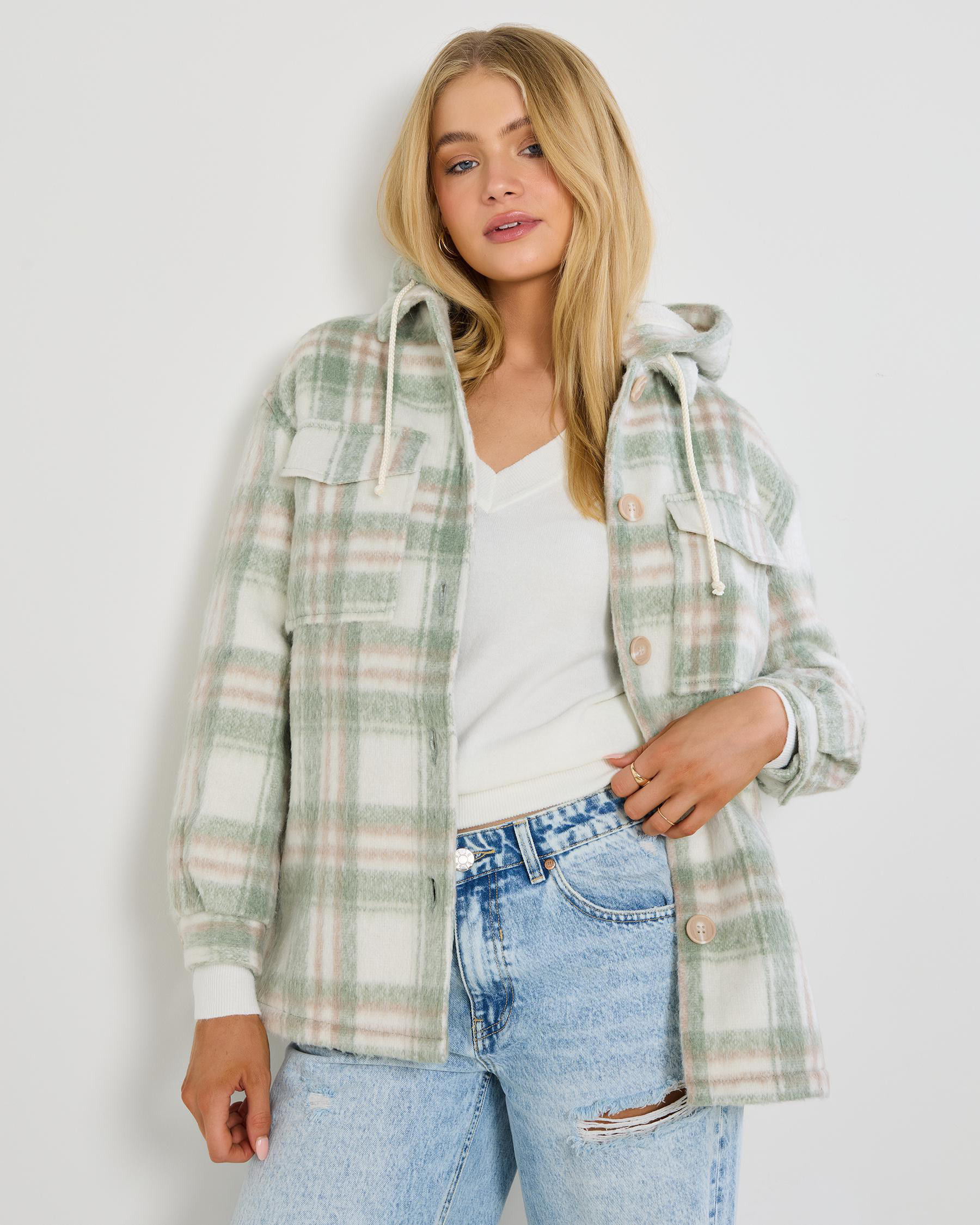 Shop Mooloola Flynn Hooded Shacket In Cream/sage - Fast Shipping & Easy ...