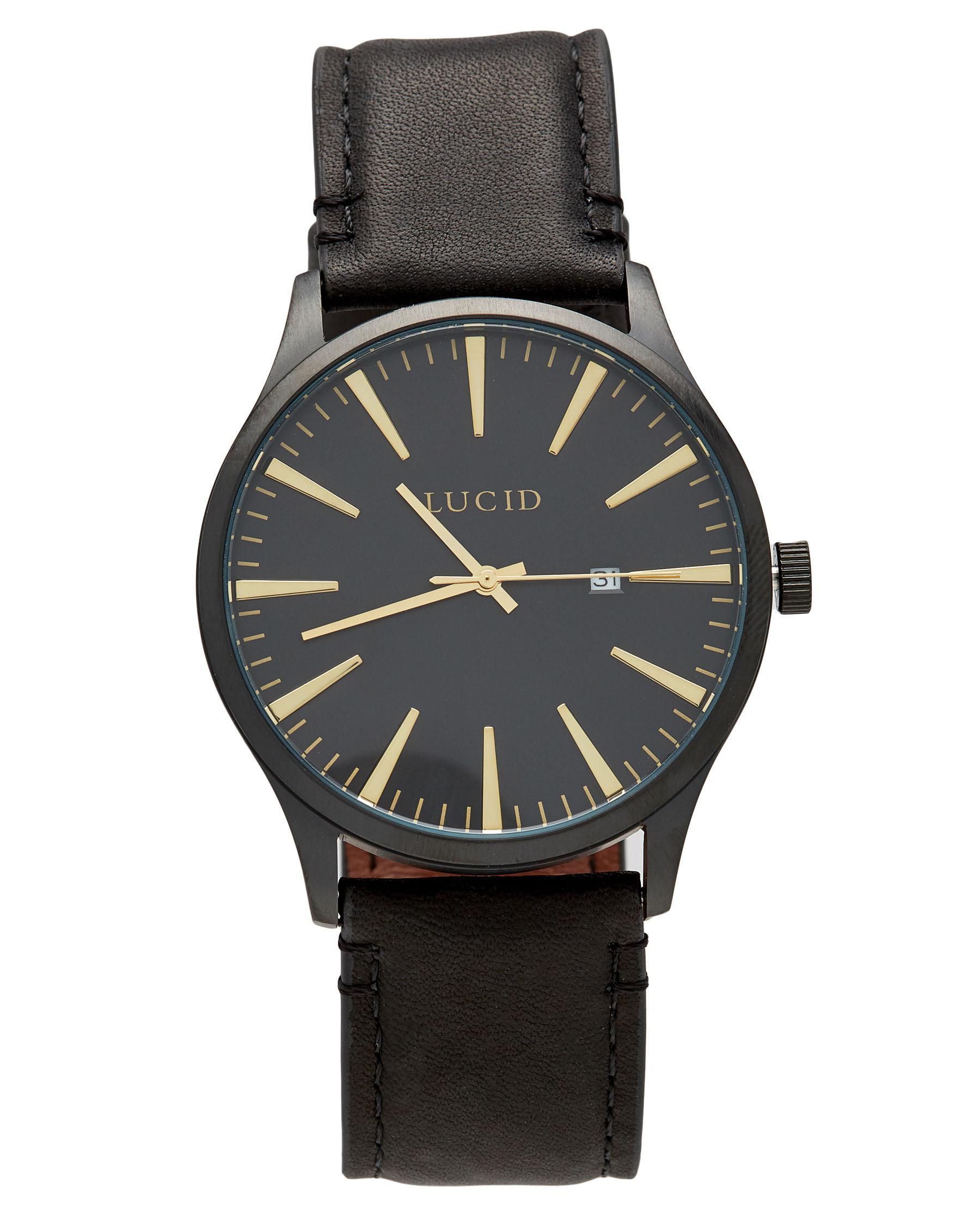Shop Lucid Shield Leather Watch In All Black/gold - Fast Shipping ...