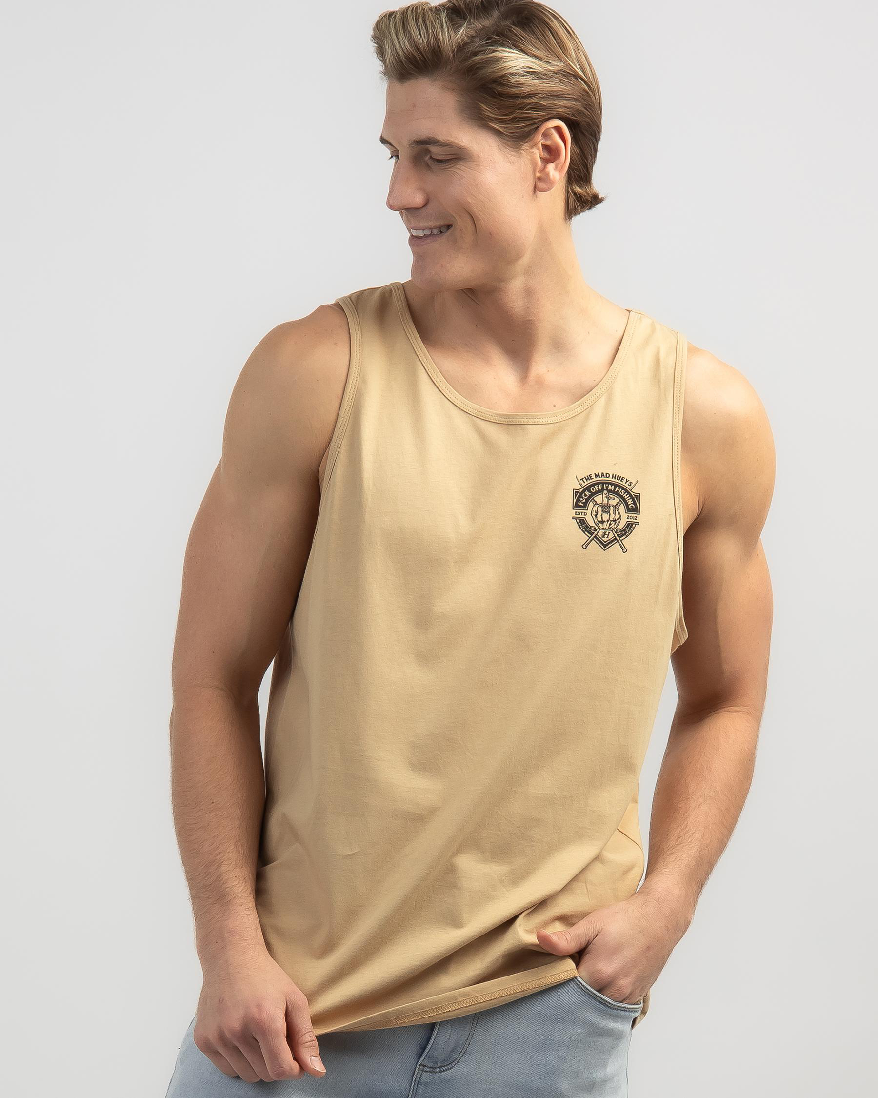 Shop The Mad Hueys Fk Off I'm Fishing Singlet In Tan - Fast Shipping ...