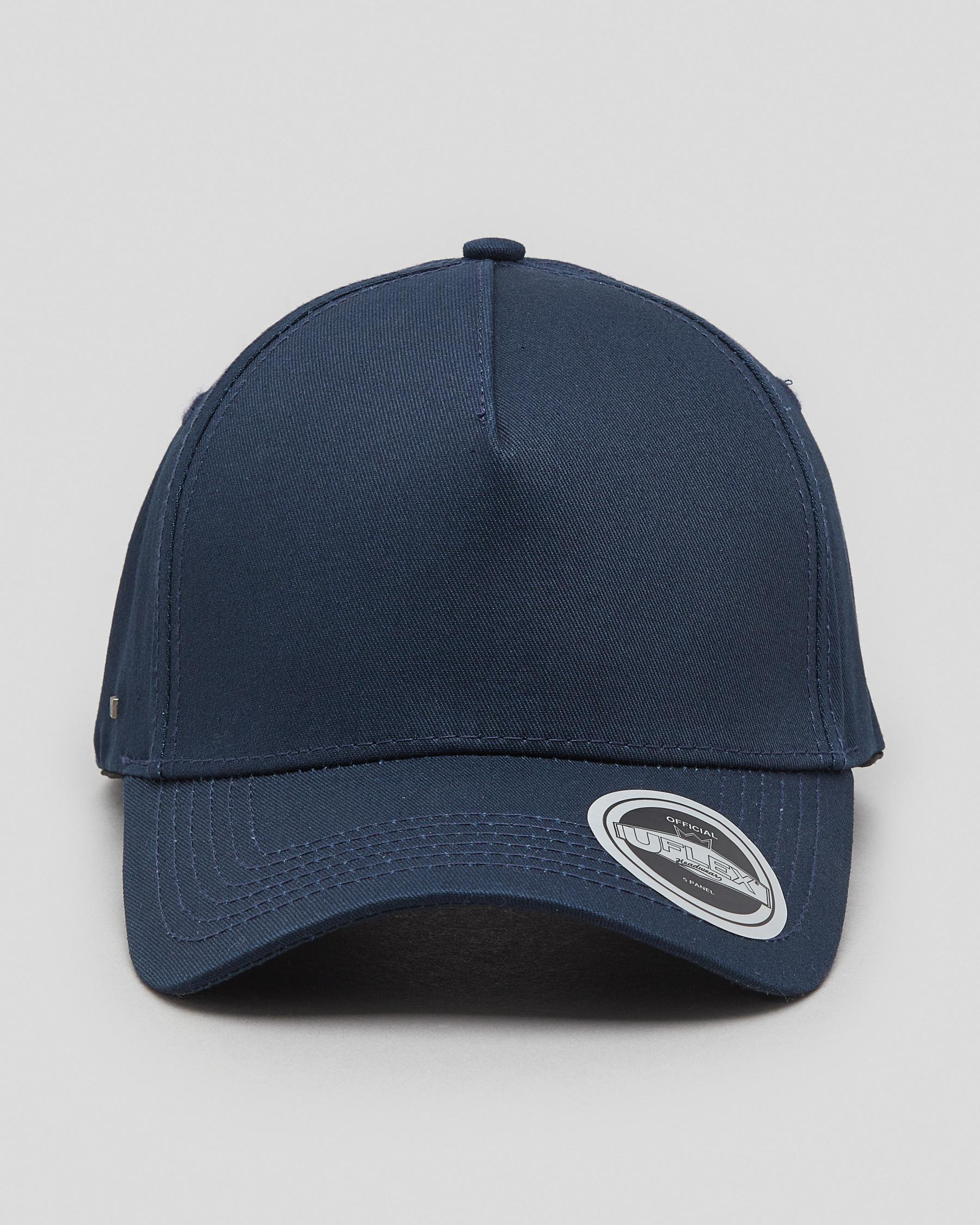 Shop UFlex 5 Panel Curved Peak Snapback Cap In Navy - Fast Shipping ...