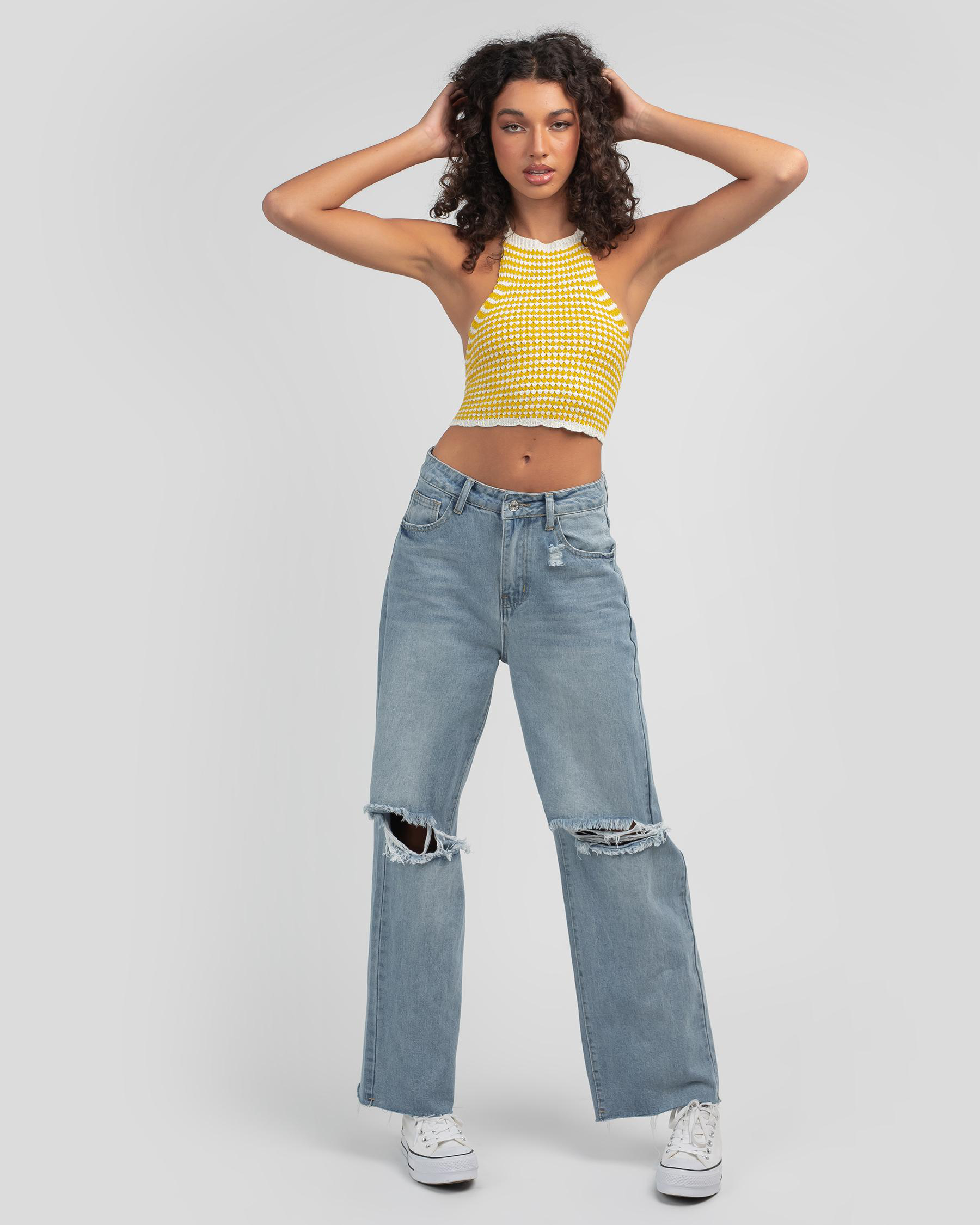 Shop 8 Birdies Foreign Romance Knit Halter Top In Yellow/white - Fast ...