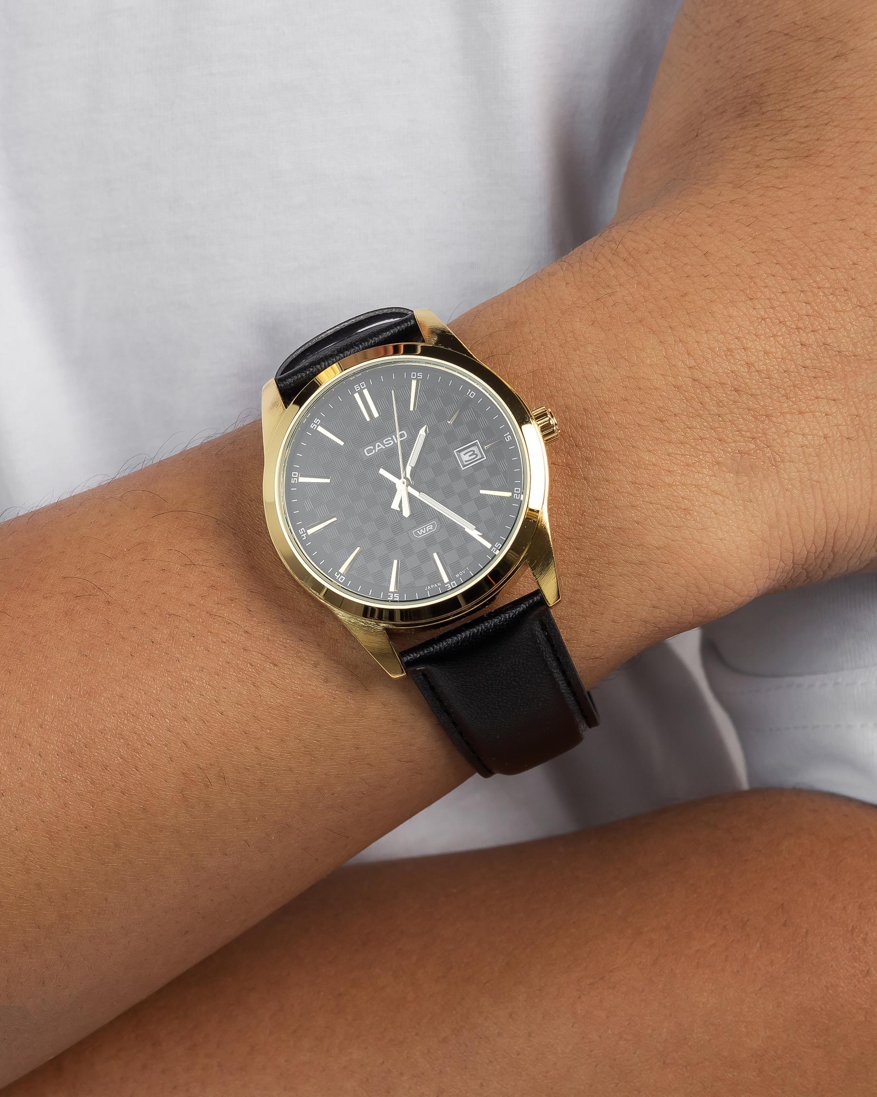 Shop Casio MTPVD03GL-1A Leather Watch In Gold / Black - Fast Shipping ...