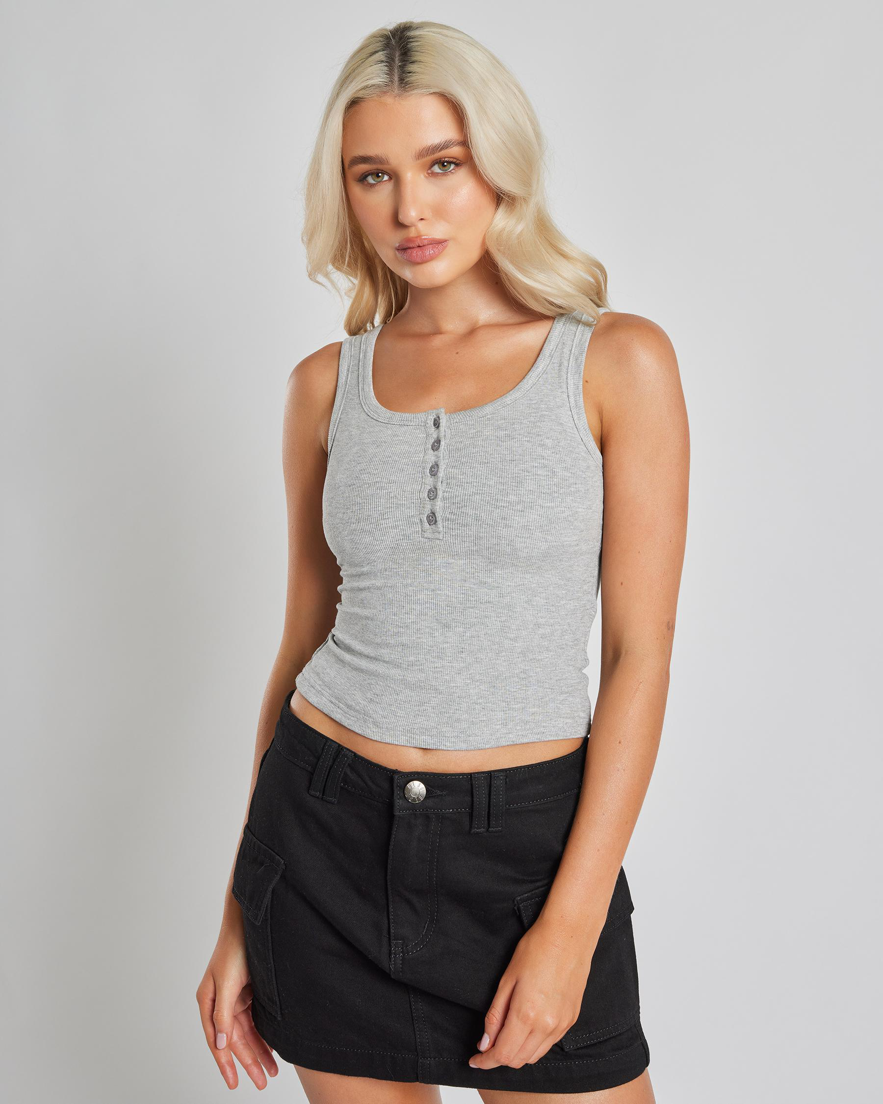 Shop Ava And Ever Basic Fine Rib Henley Tank Top In Light Grey - Fast ...
