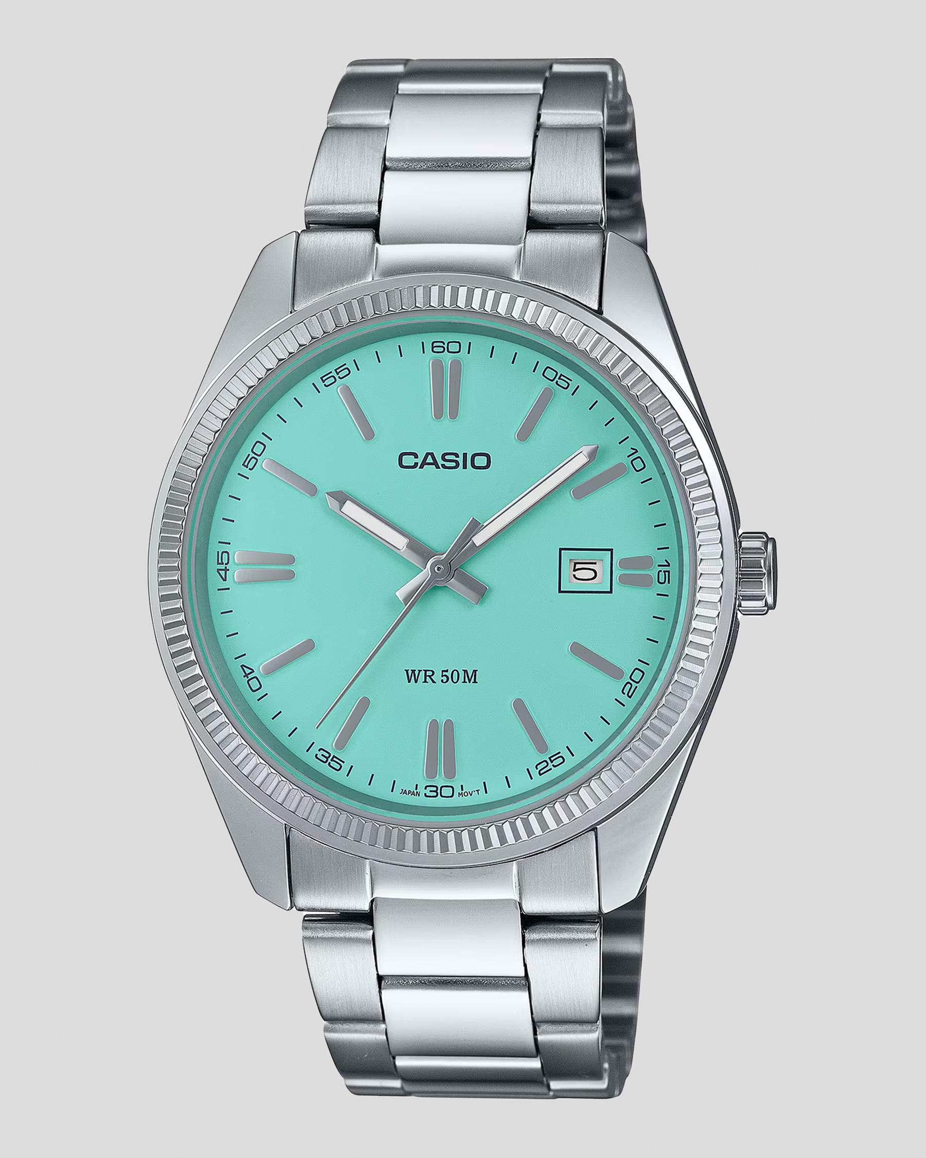 Shop Casio MTP1302PD-2A2 Watch In Steel / Turquoise - Fast Shipping ...