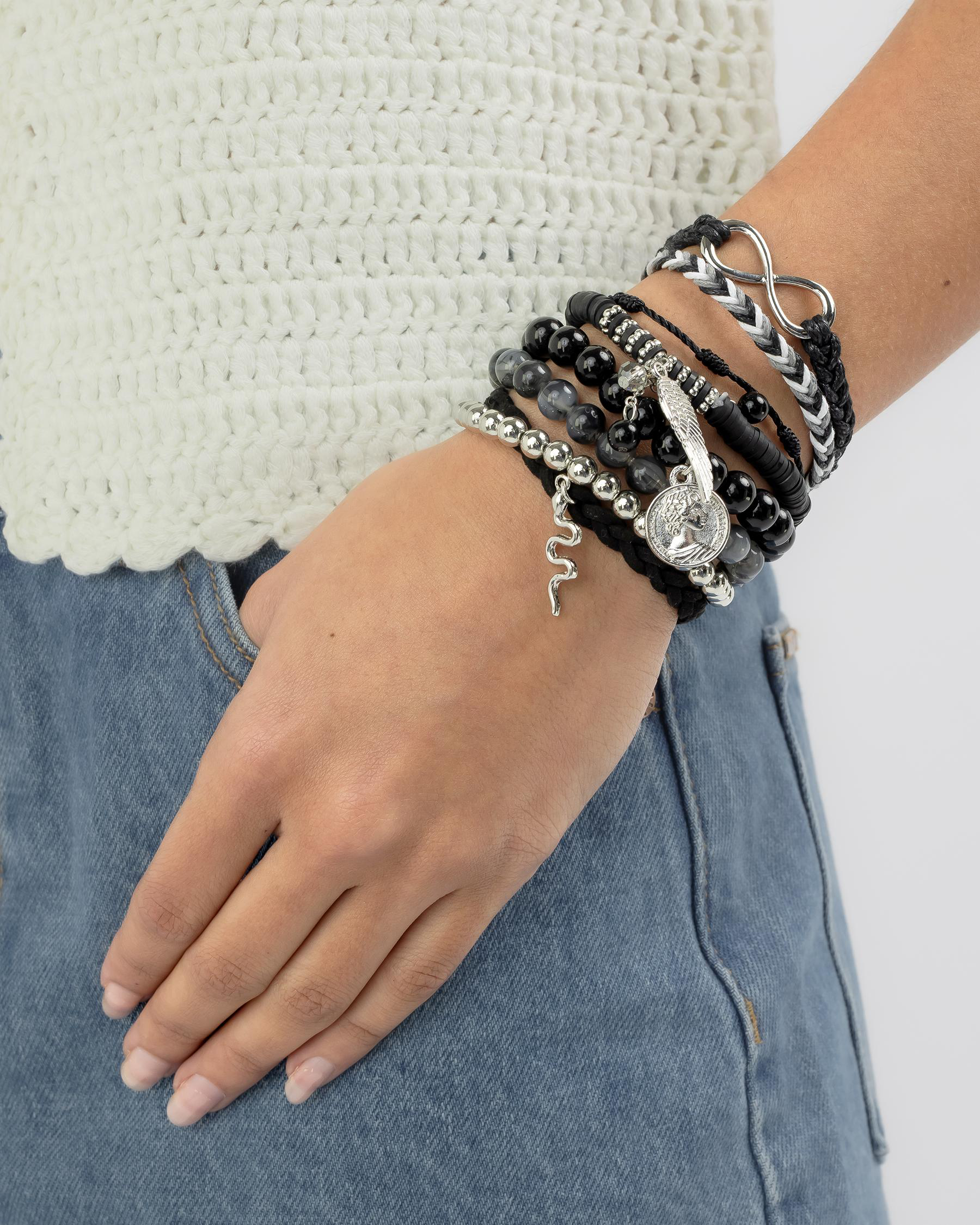 Shop Karyn In LA Reed Bracelet Pack In Shiny Silver/black - Fast ...