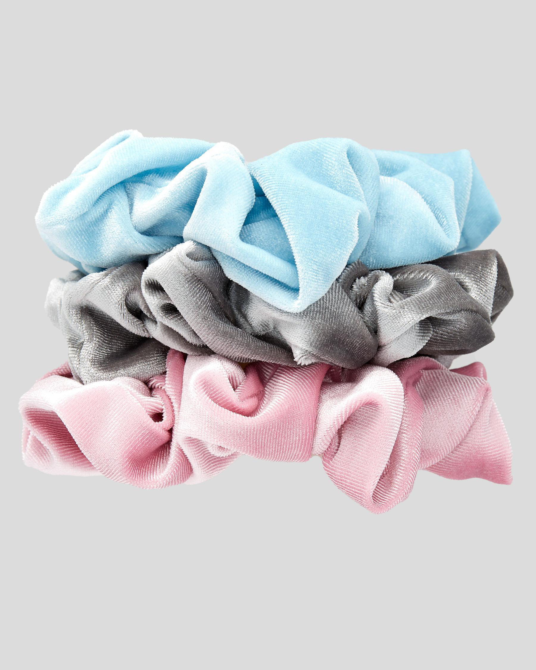 Shop Karyn In LA Velvet Scrunchie Pack In Silver/lavender/blue - Fast ...